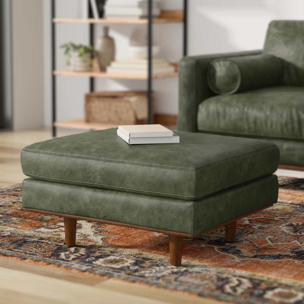 Simpli Home Morrison Midcentury Moss Green Genuine Leather Ottoman in ...
