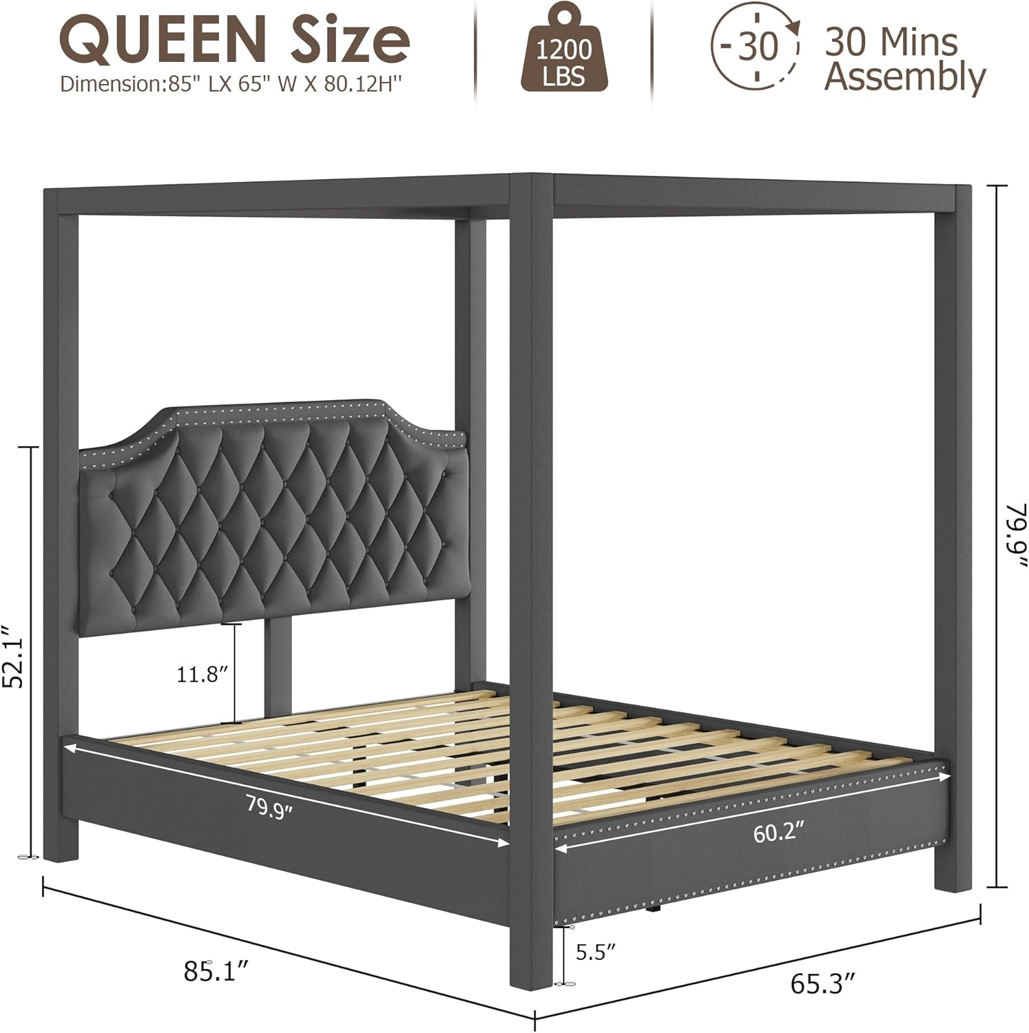 Garvee Queen Canopy Bed Frame with Upholstered Headboard Four Poster ...