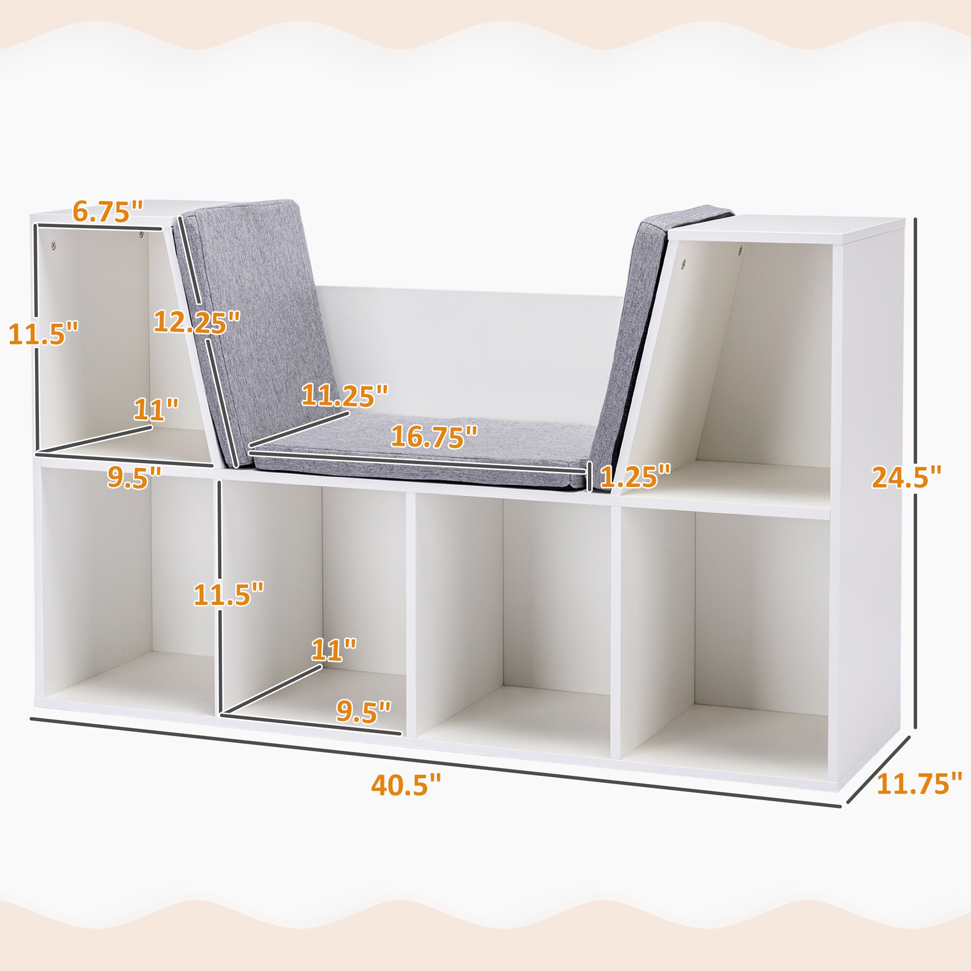 HomCom 6 Cubby Kids Bookcase Reading Nook Organizer with Seat Cushion ...