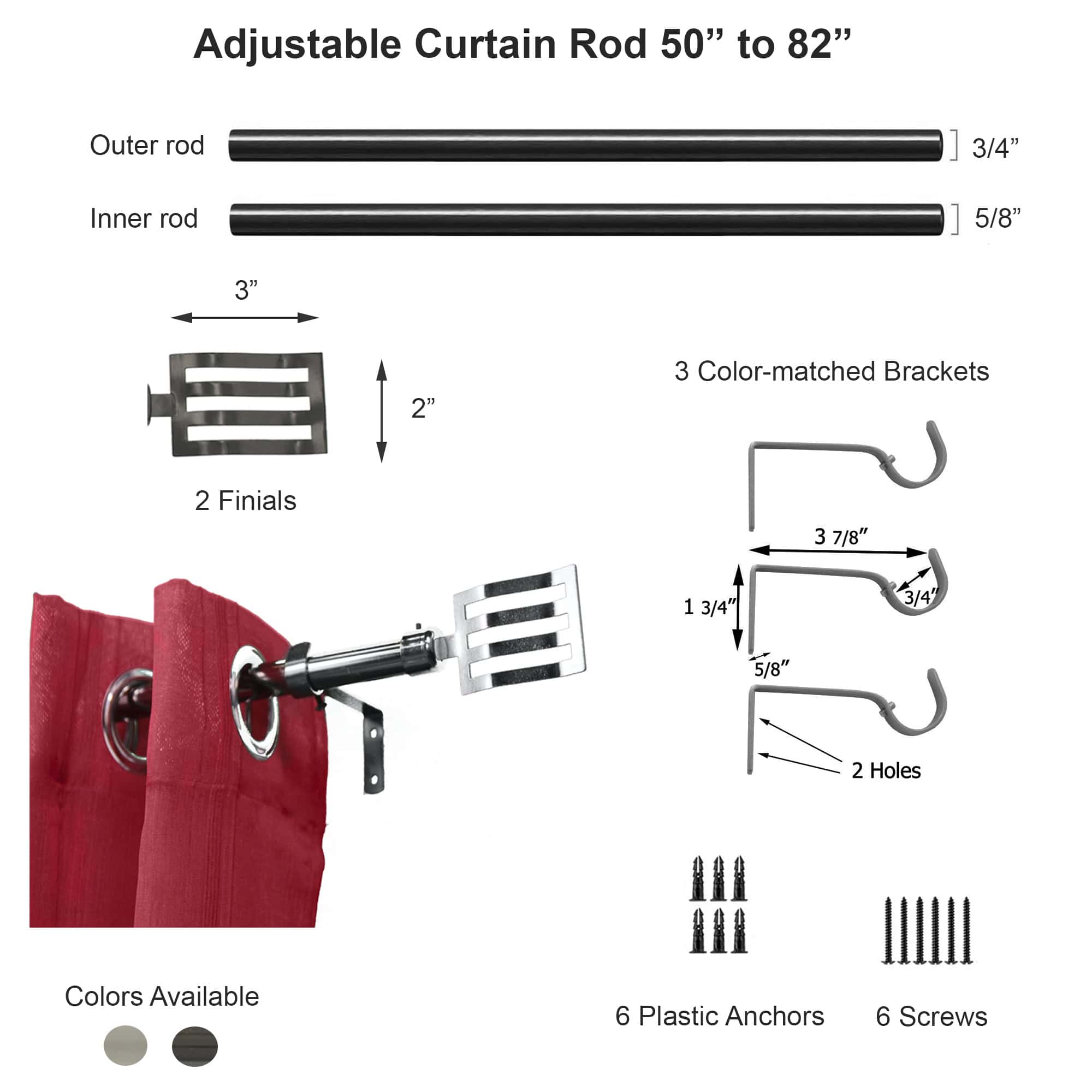 EVIDECO FRENCH HOME GOODS Adjustable Single Curtain Rod 50-in to 82-in ...