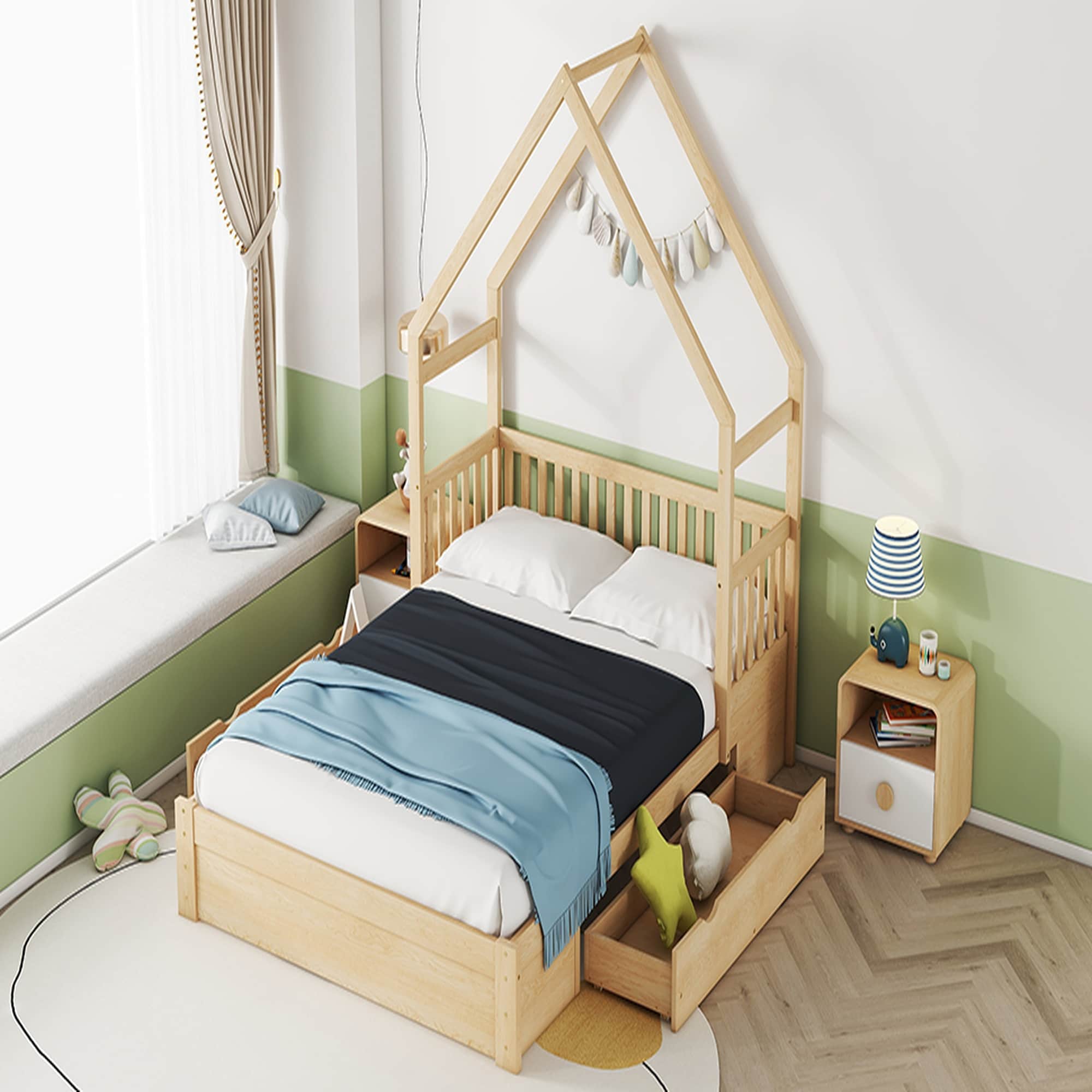 HyperDrop Cart Natural Queen Wooden House Platform Bed with Safety ...