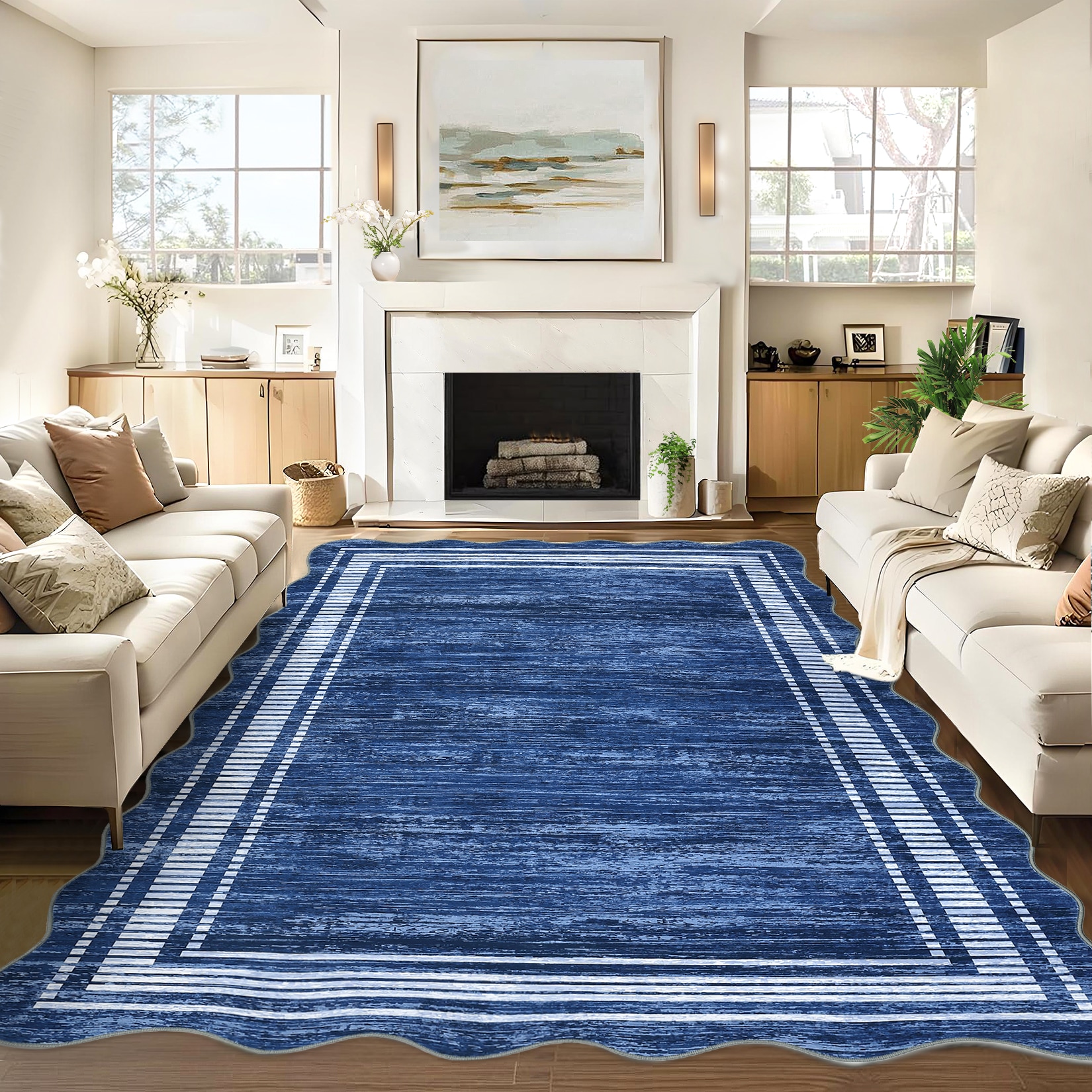 GarveeLife 9x12FT Neutral Scalloped Washable Area Rug Modern Solid ...