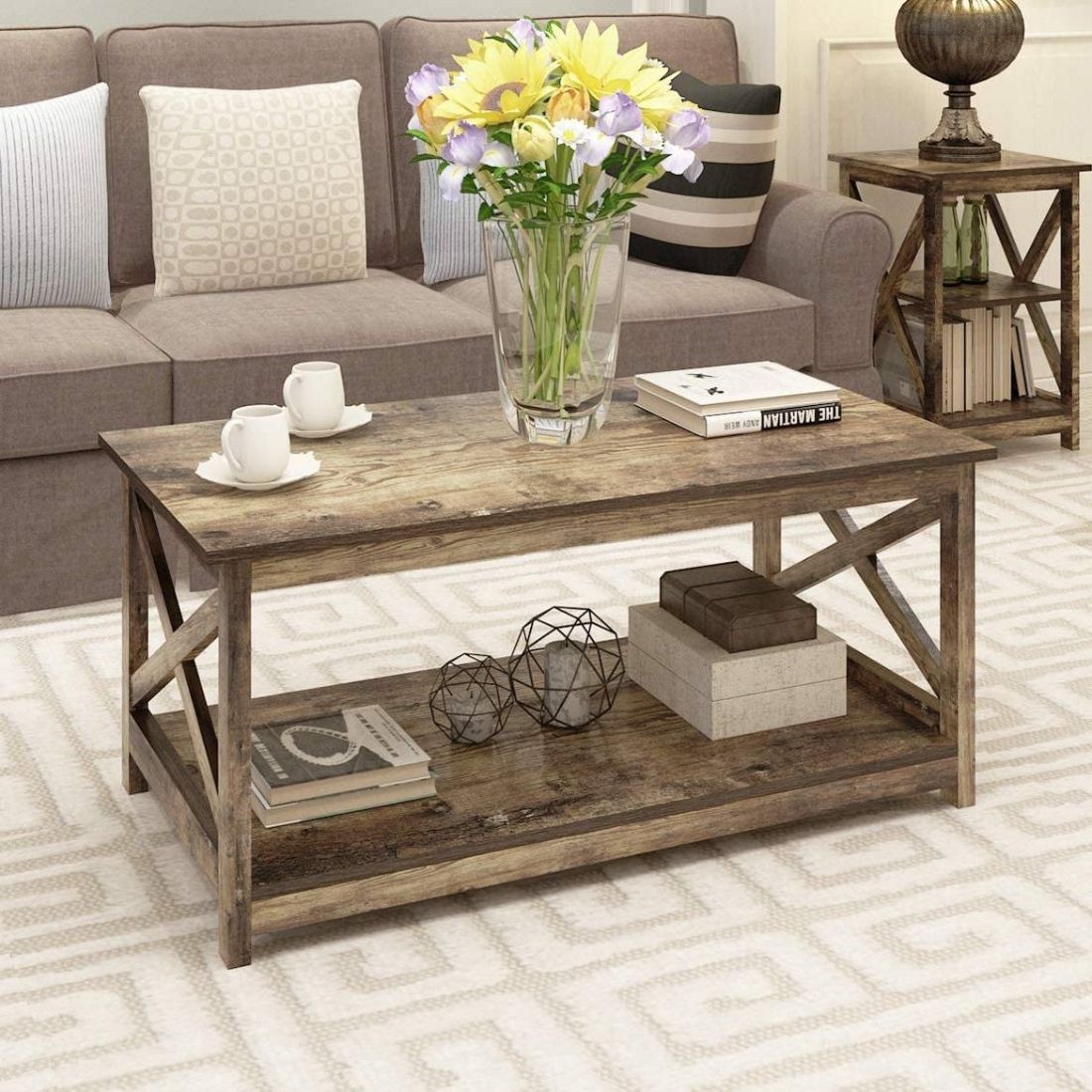 Slickblue Contemporary 2-Tier Farmhouse Coffee Table with Rustic Wood ...