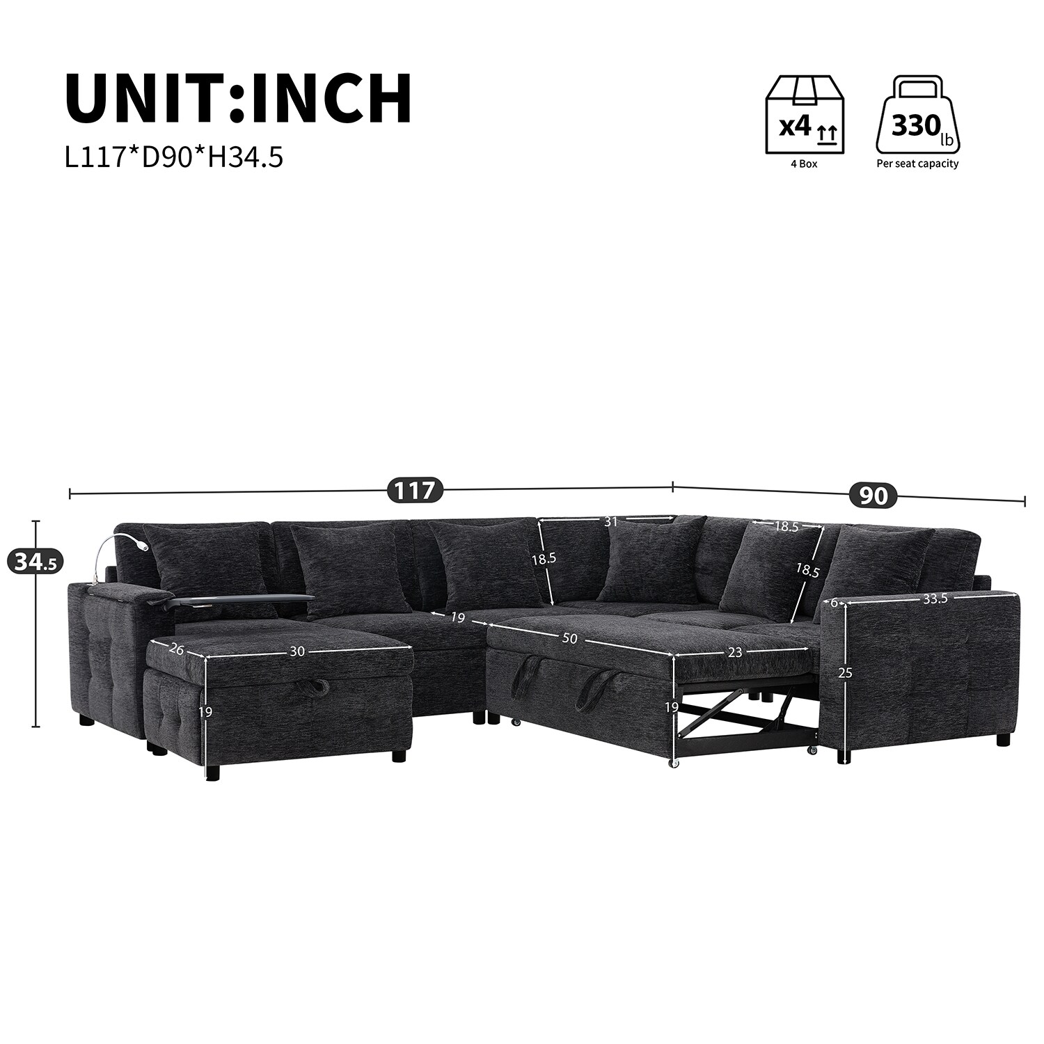 GZMR 117" Sectional Pull-out Sofa Bed Couch with Flip-up Table Panel ...