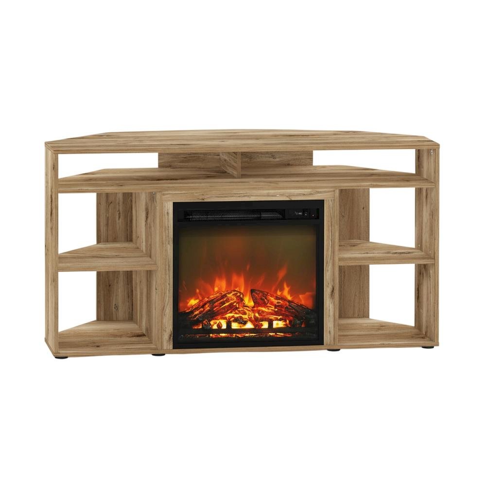 FurniFact Brown Corner TV Stand with Fireplace for 55-Inch Screens in ...