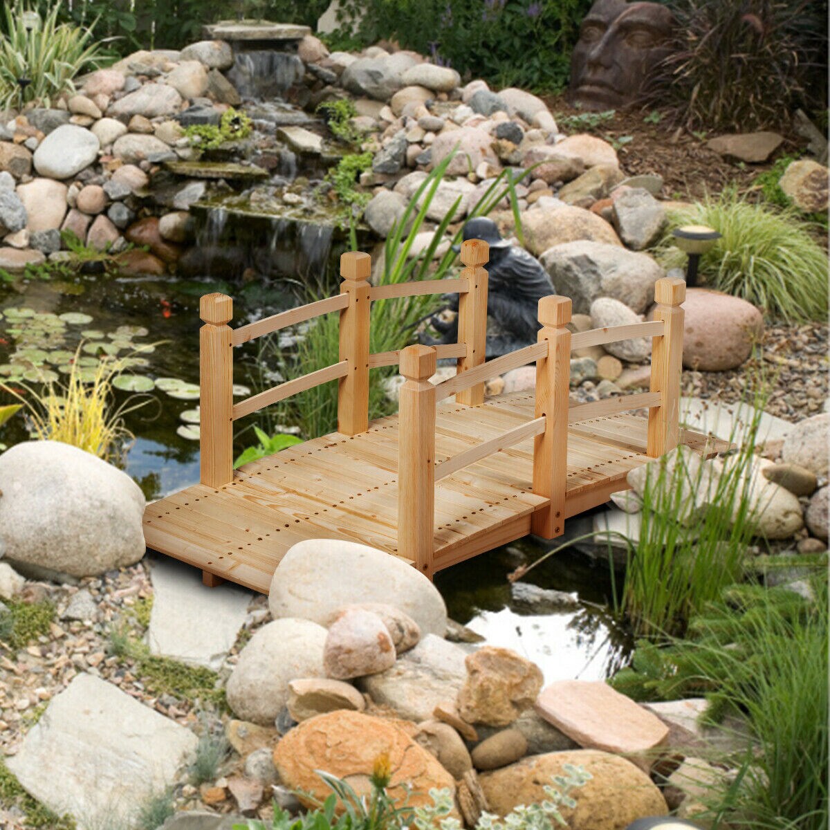 Slickblue 5 ft Natural Fir Wood Garden Bridge with Safety Handrails for ...