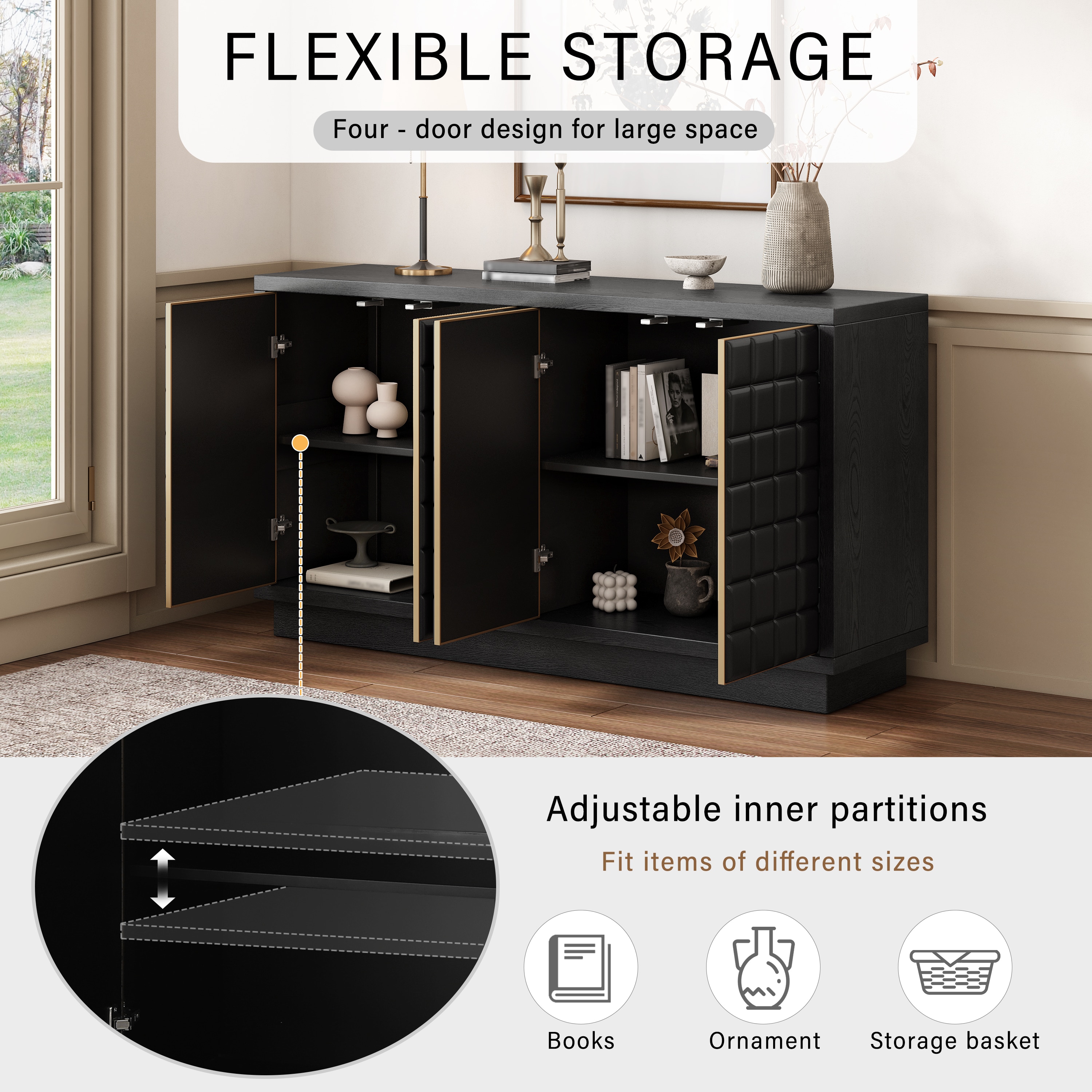 Huluwat Modern 4-Door Storage Cabinet with 3D Geometric Doors and Metal ...