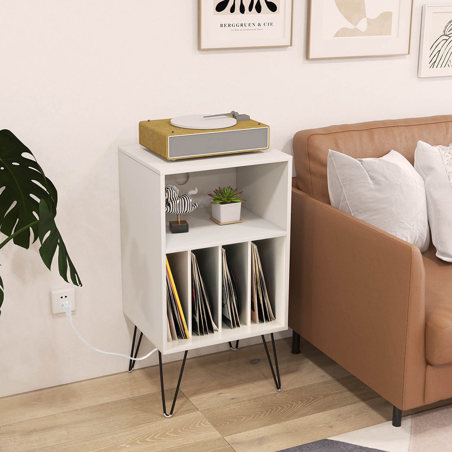 Costway 3-Tier Record Player Stand with Charging Station Shelf and 4 ...