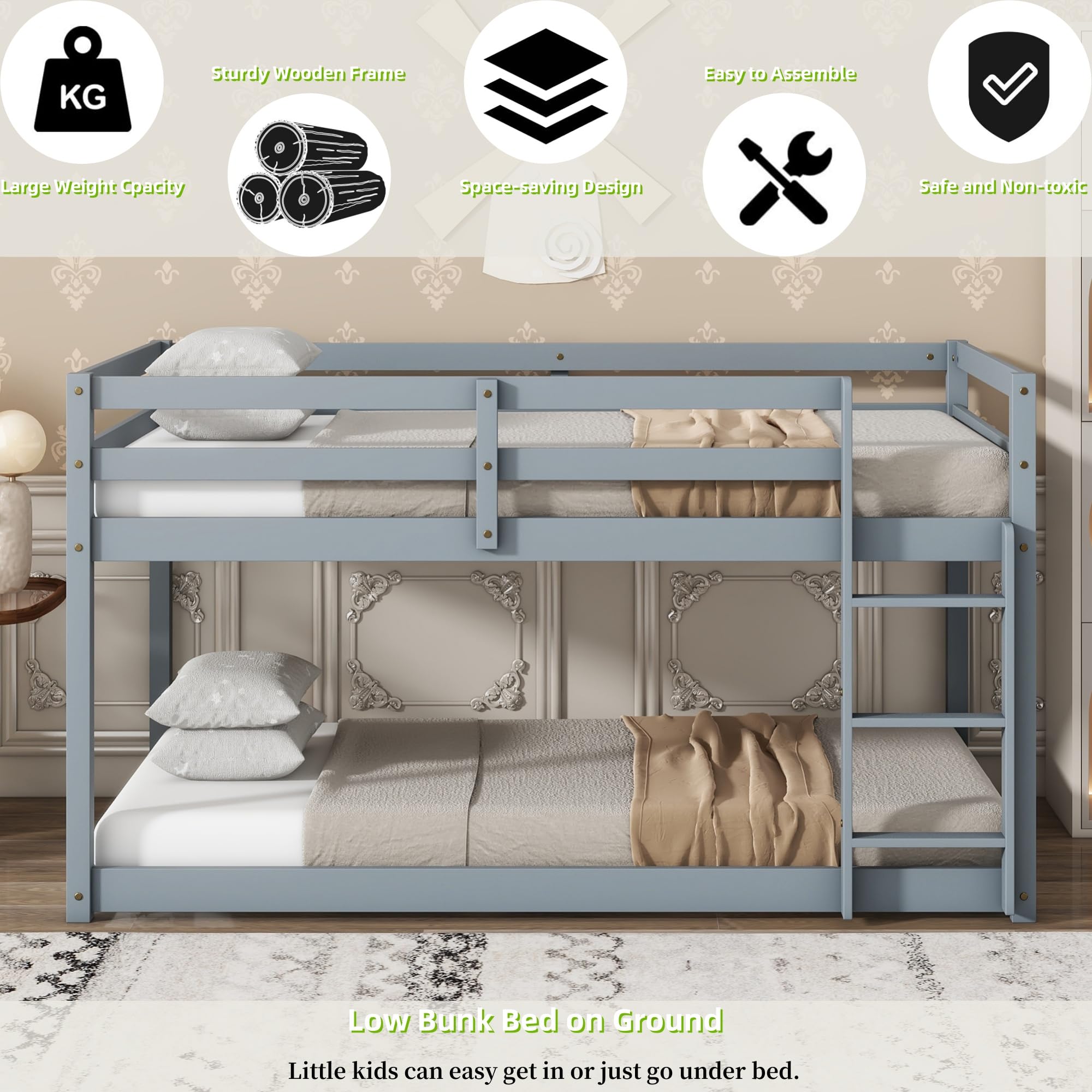 Bellemave Solid Wood Twin Over Twin Bunk Bed Frame with Full Guardrails ...