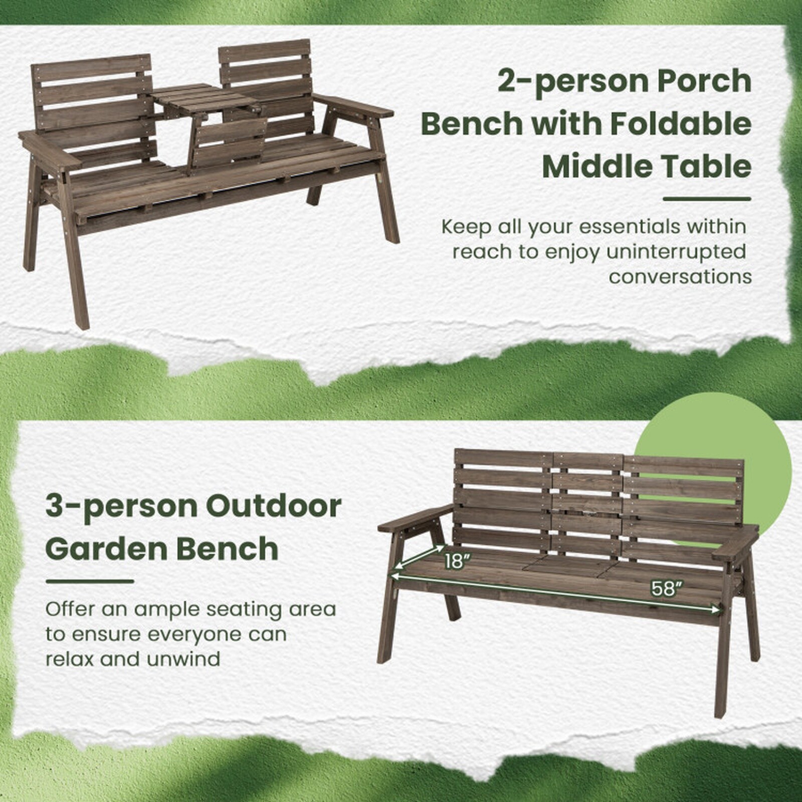 SUGIFT Stylish Outdoor Fir Wood Bench with Foldable Middle Table for ...
