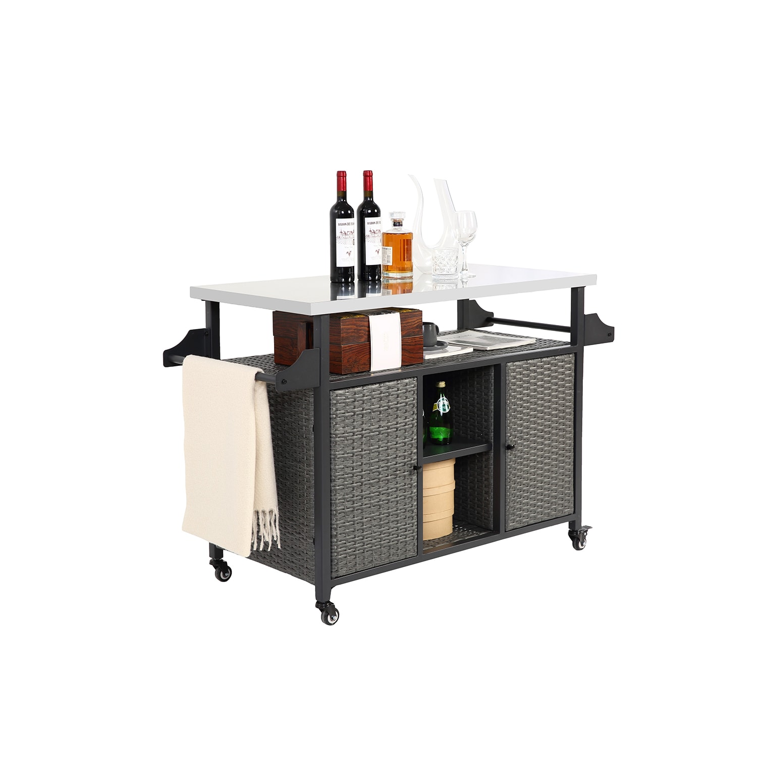 Outdoor Kitchen Wicker Island Rolling Cart & Storage Cabinet Patio ...