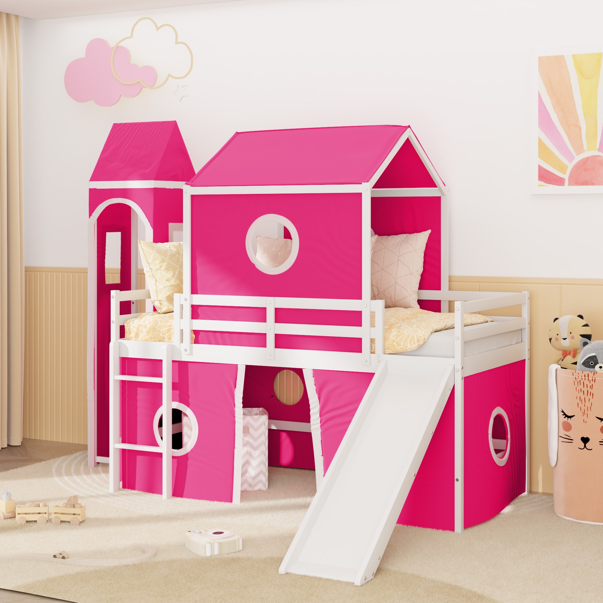 LUXEYARD Loft Bed with Slide Pink Tent and Tower Pink in the Beds ...