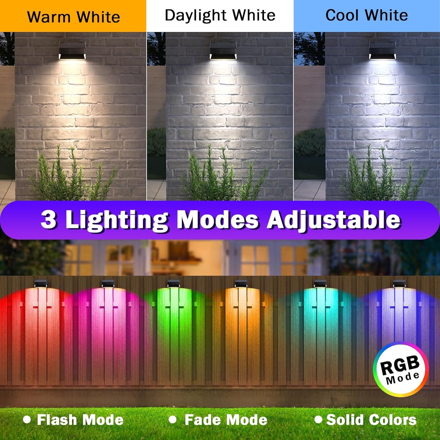 Nordic Hygge 8-Pack Waterproof Solar Fence Lights Outdoor – RGB Black ...