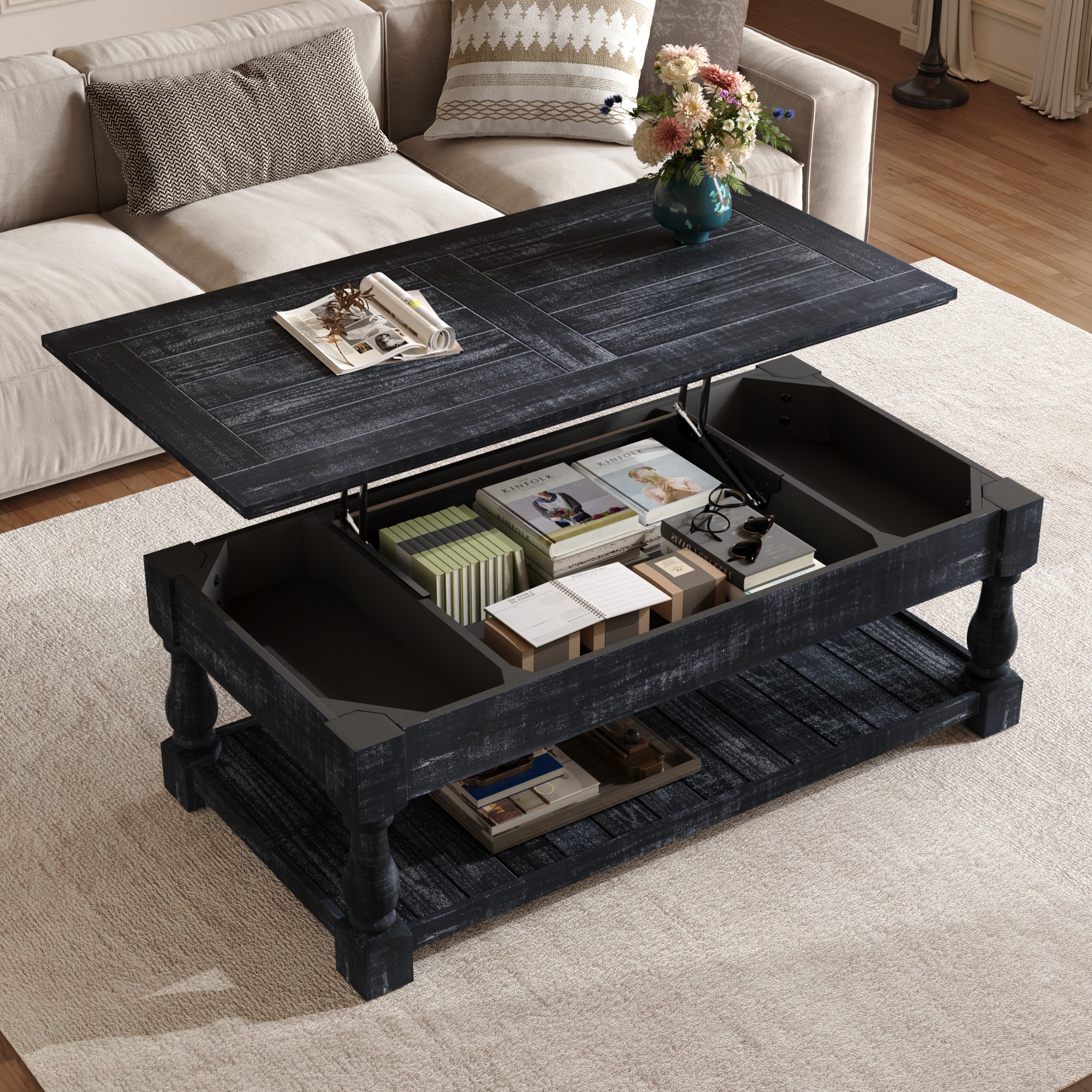 LOVMOR Farmhouse Lift Top Coffee Table With Fixed Shelf 3 Hidden ...