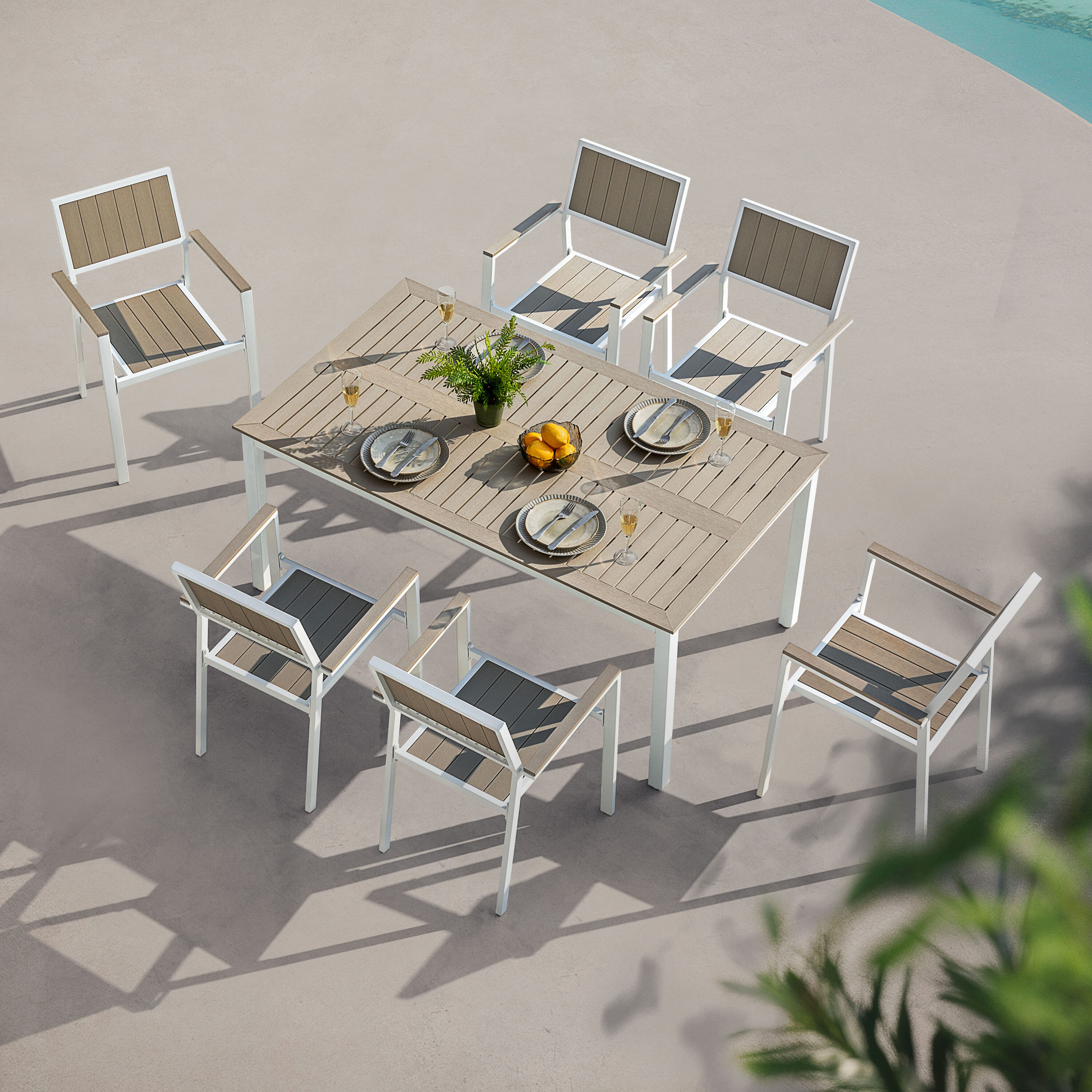Nuu Garden 7 -Piece White Patio Dining Set Plastic Rectangle Table with ...