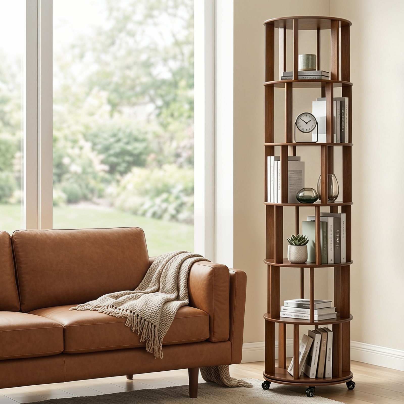 KTMBDW 6 Tier Rotating Bookshelf Tower on Wheels -Solid Wood Bookshelf ...