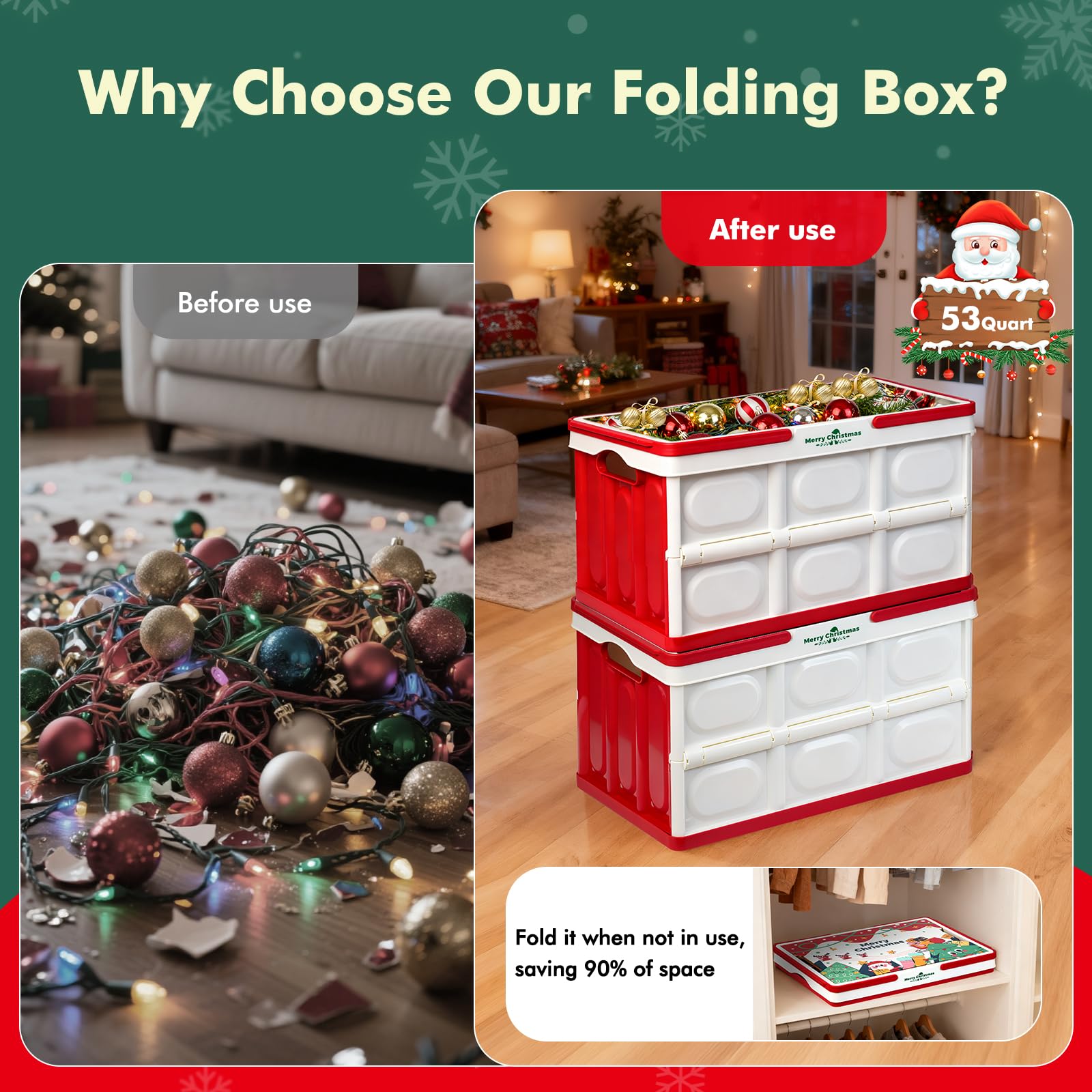 Aoibox 2 Pack 50L Christmas Storage Boxes Foldable with Wood Lid ...