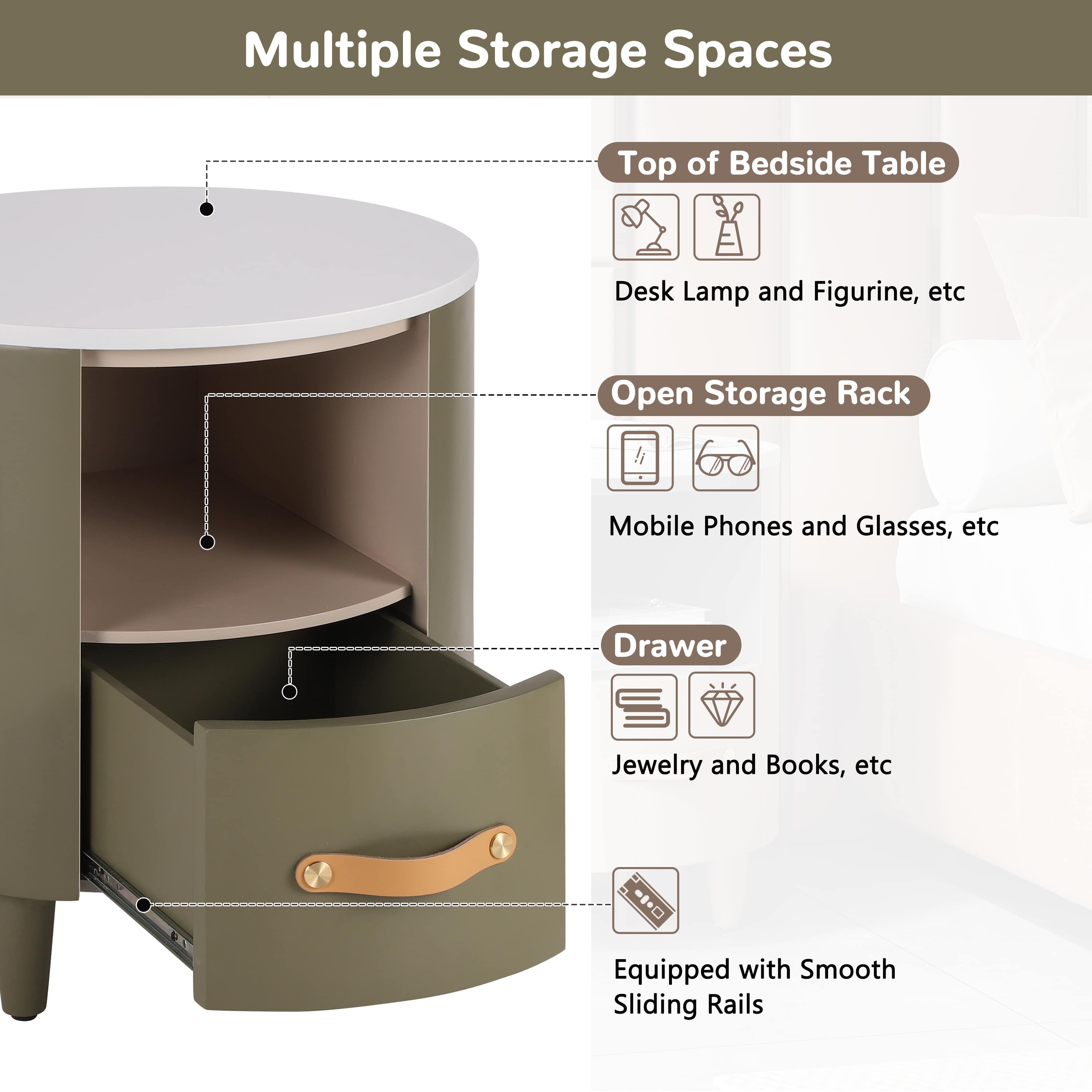 Vynxaria ynxaria Modern Round Nightstand Storage Drawer Open Shelf ...