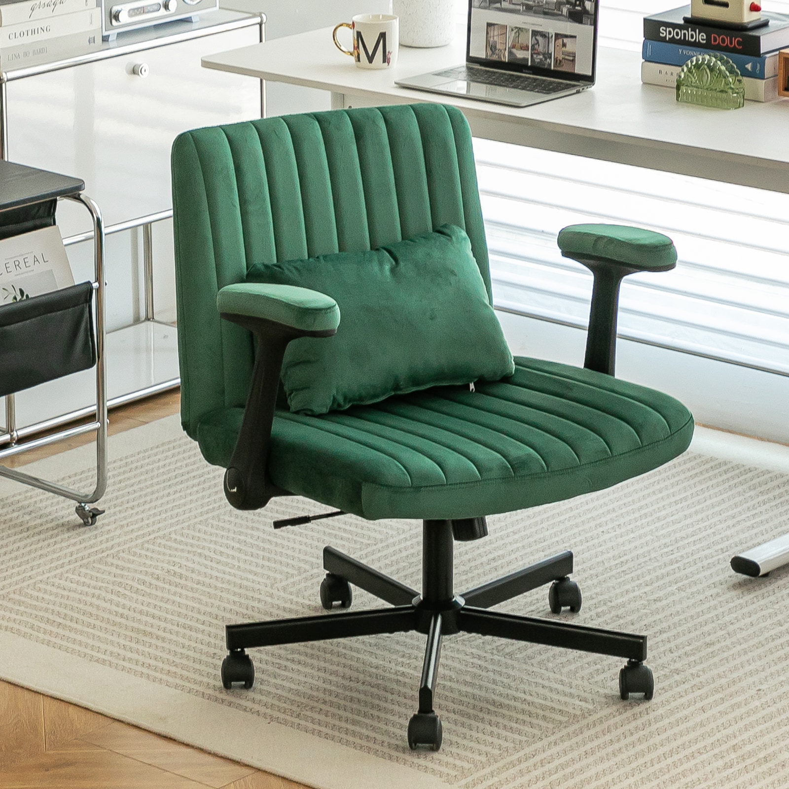 LOVMOR Green Velvet Criss Cross Armrest Office Chair with Wheels ...