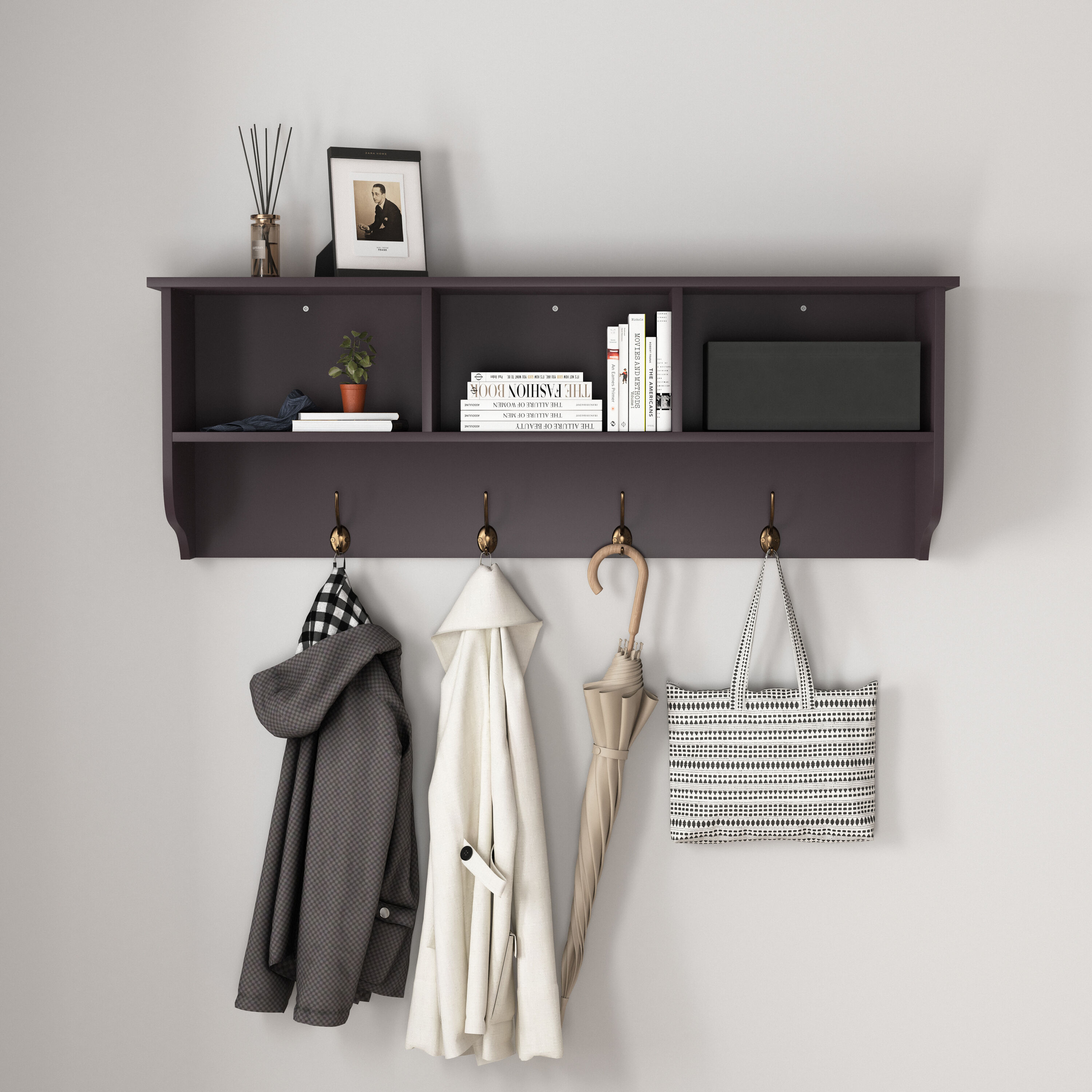 LOVMOR Espresso Entryway Wall Mounted Coat Rack with 4 Dual Hooks ...