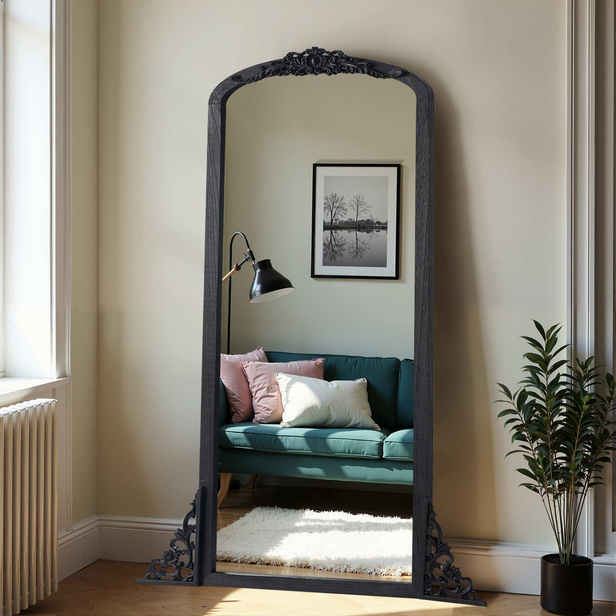 Misty Moon 69x30 inch Solid Wood Carved Right Angle Micro Arch Black ...
