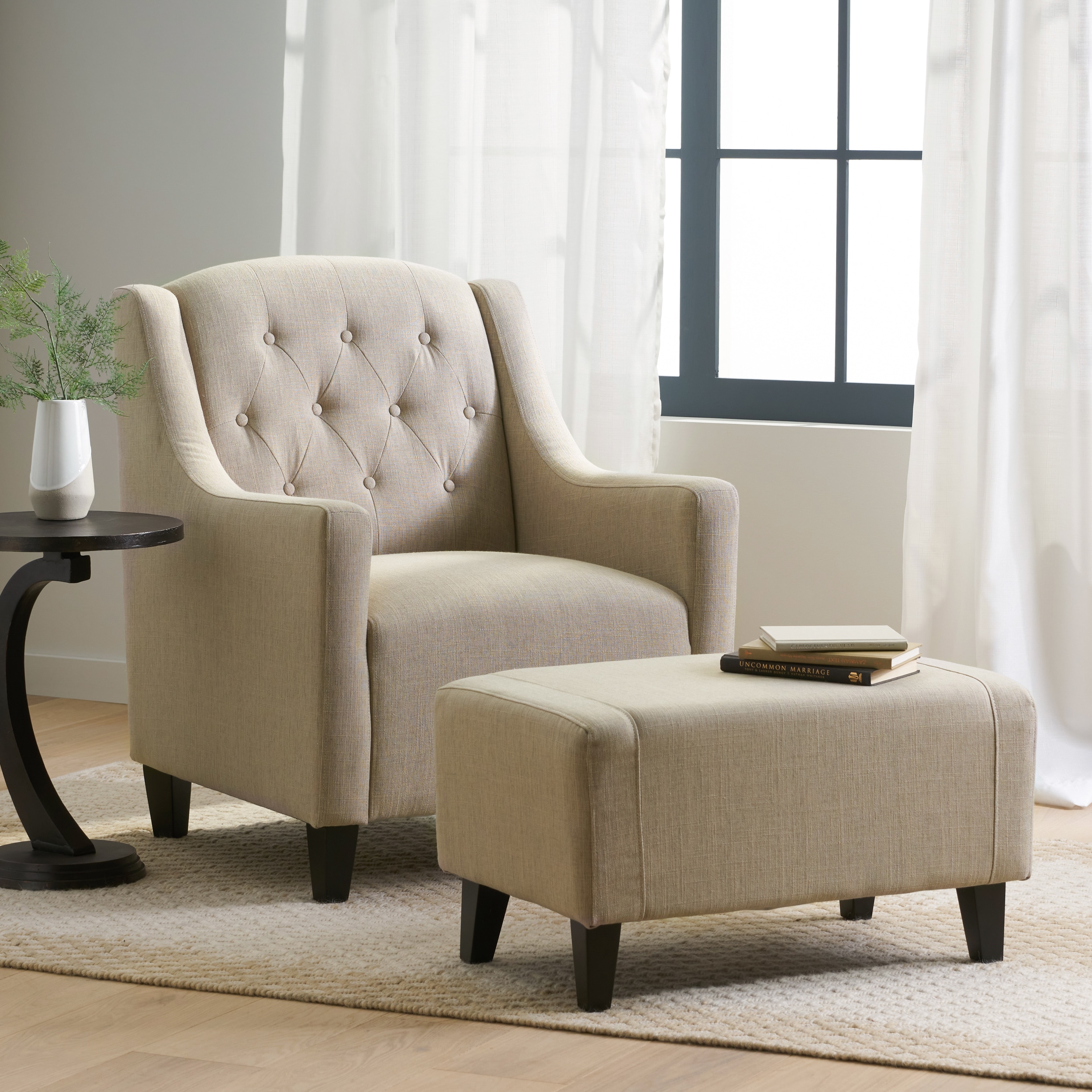 Christopher Knight Home Elaine Tufted Fabric Chair and Ottoman-Beige in ...