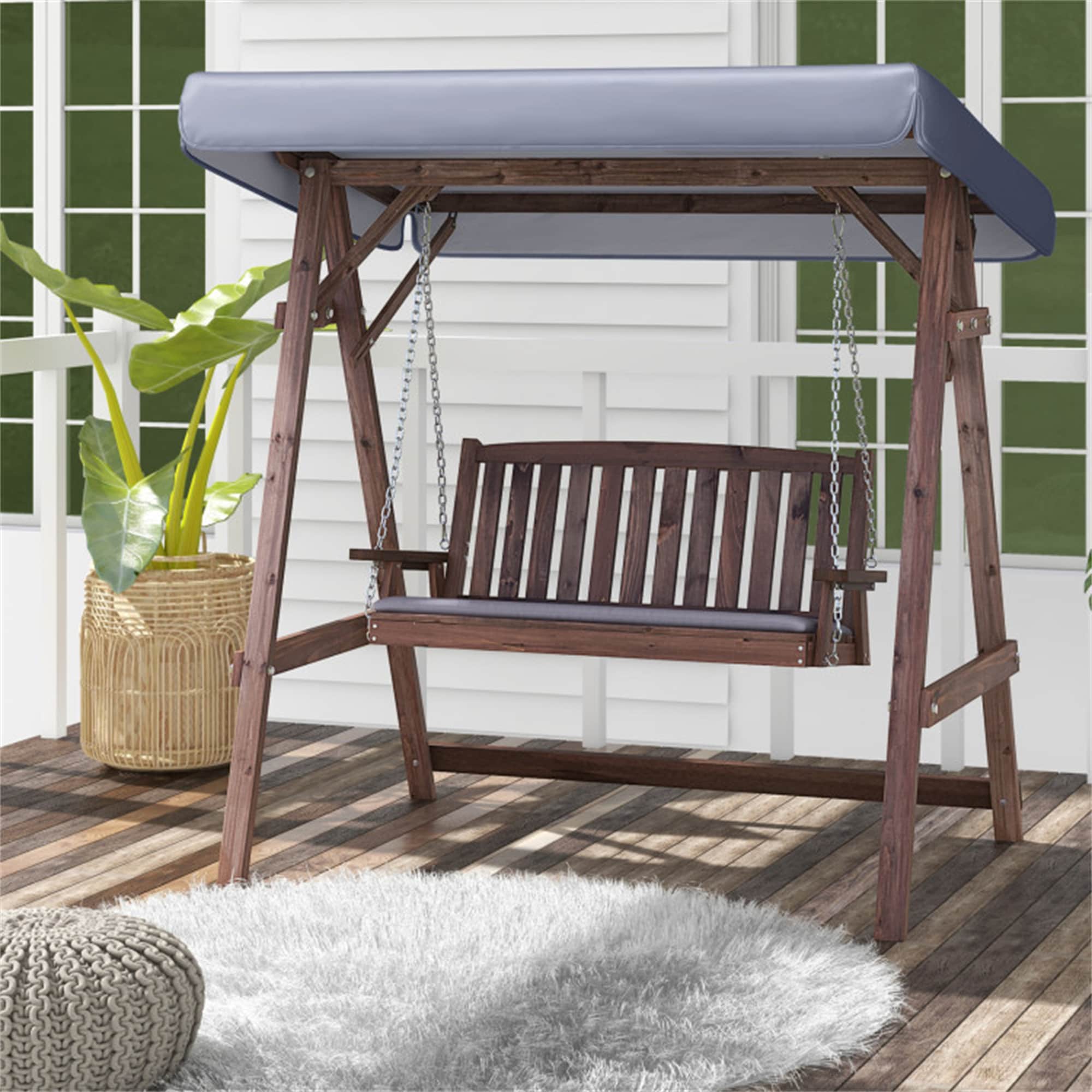 BABOOM 2-Person Porch Swing 2 -person brown and gray Wood Outdoor Swing ...