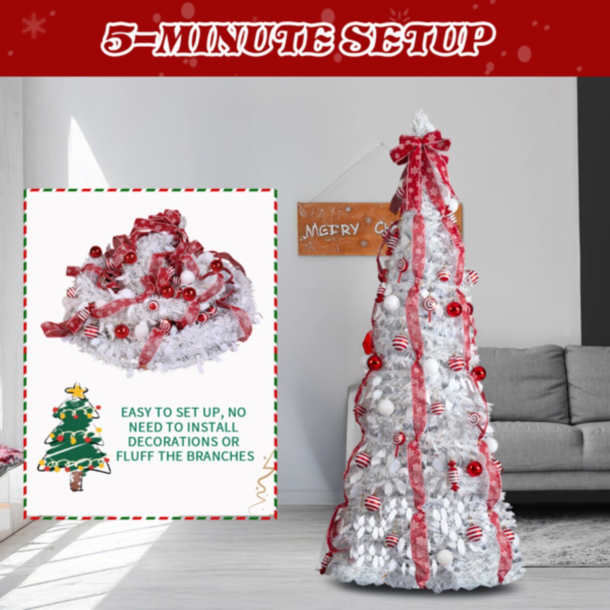 Zyerch 6FT PopUp Christmas Tree Fully Decorated with 100 Warm White LED ...