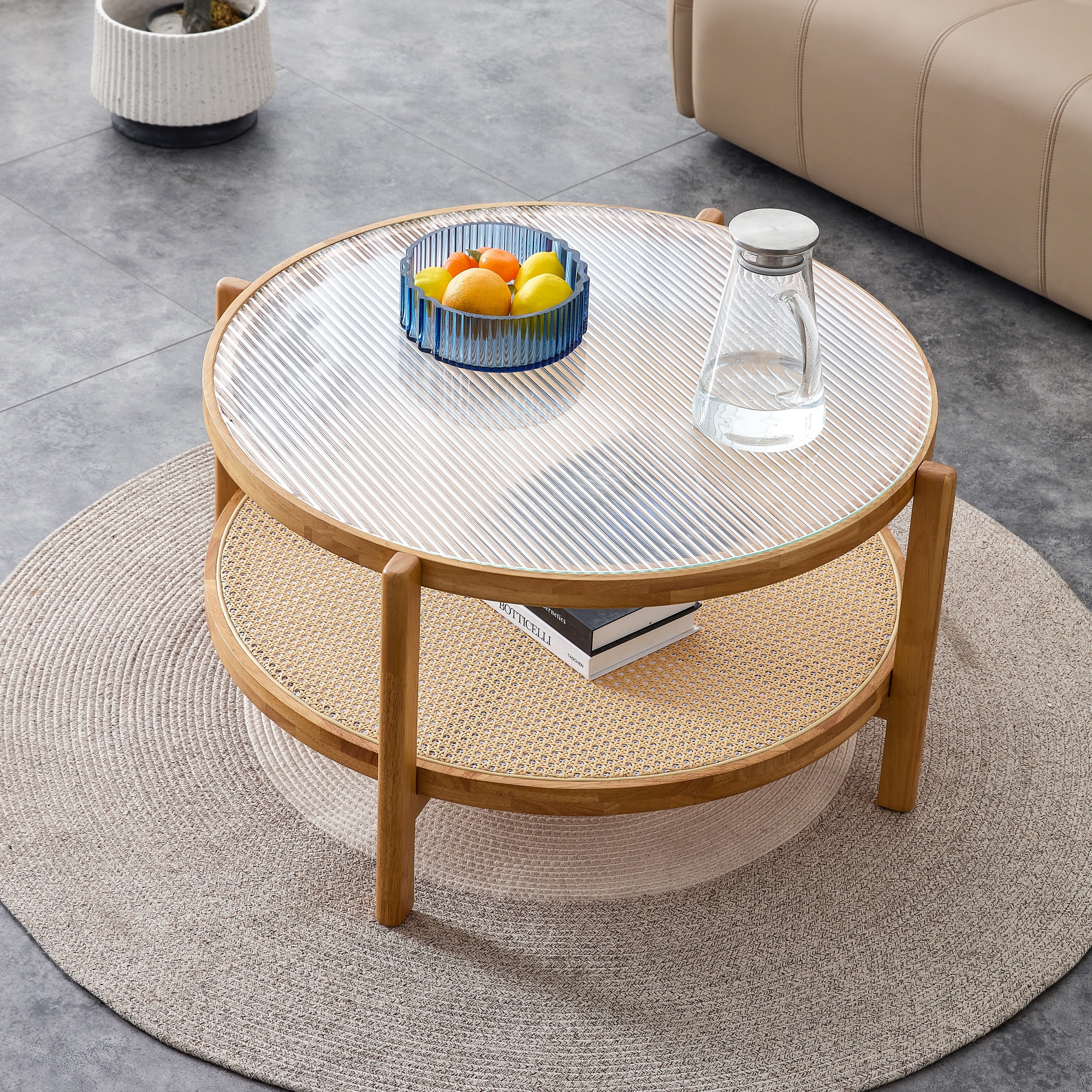 LOVMOR Modern simple circular double layer solid wood tea table rattan ...