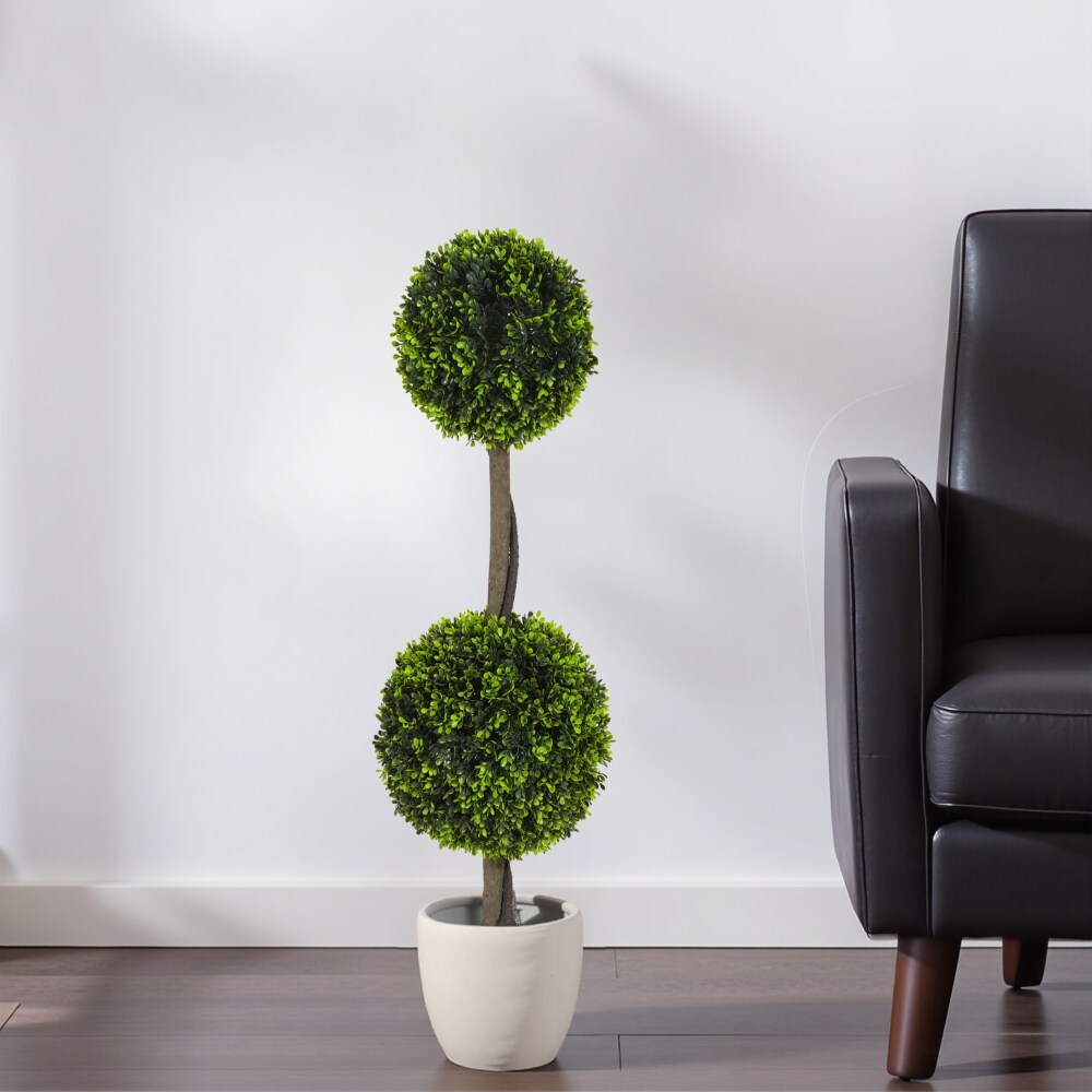 Wooakway 34 in. Artificial Topiary Boxwood Tree Double Ball With Black ...