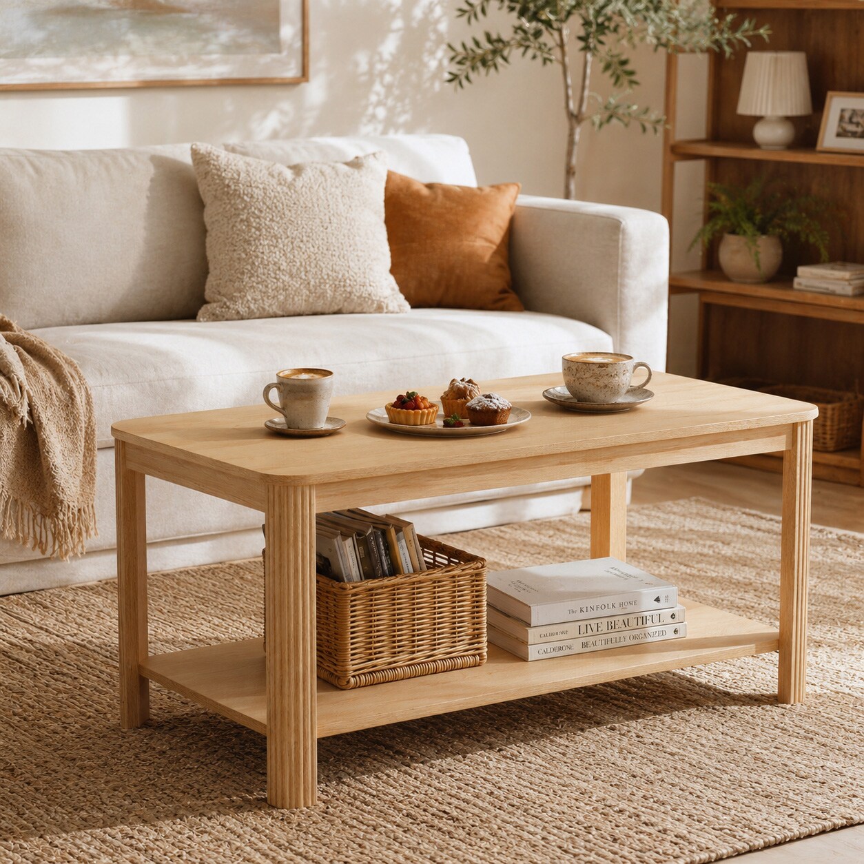 YOSIMFUR Arc Corner Wood Coffee Table with Storage Shelf Vertical Wave ...