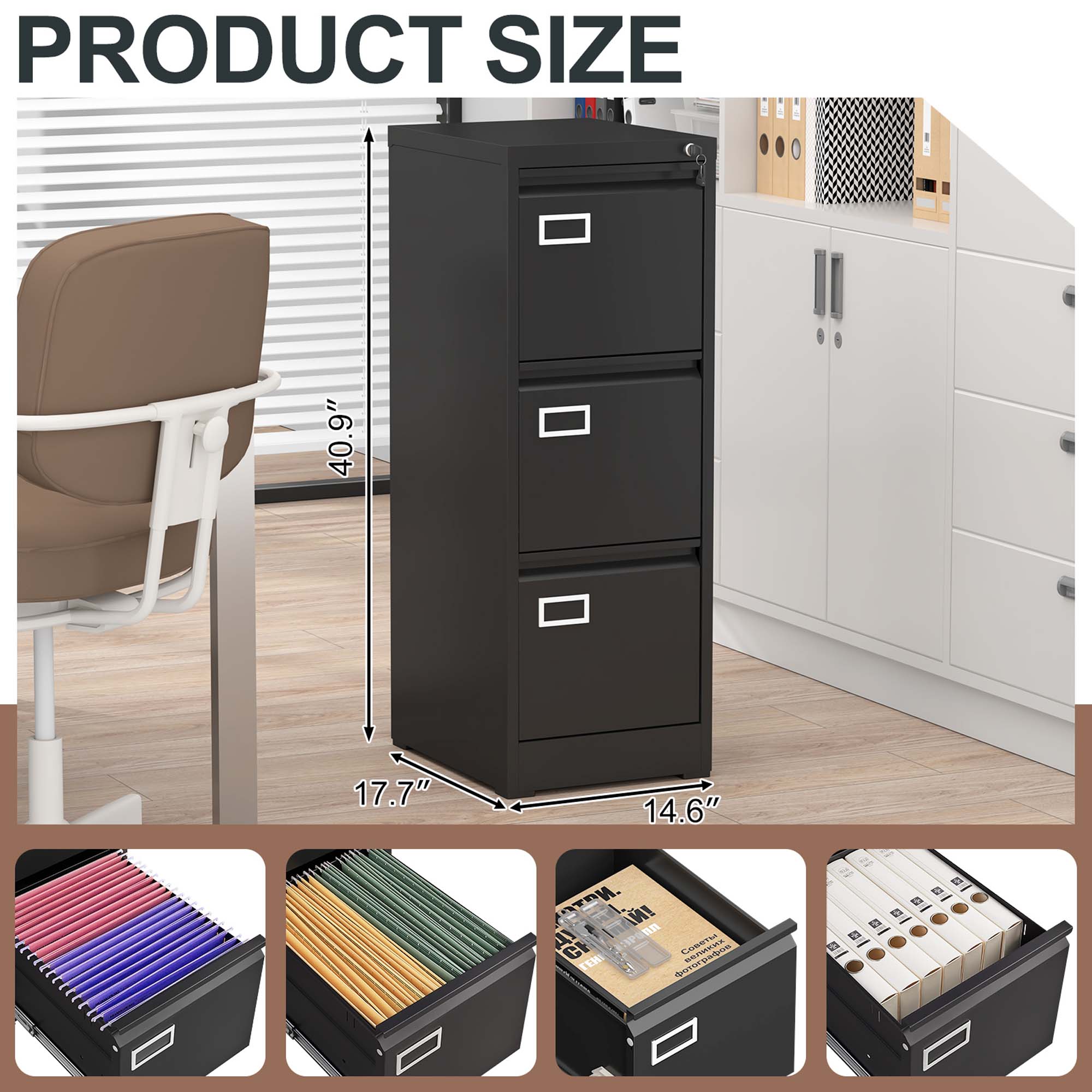 Balck 3-Drawer 14.6-in File Cabinet Metal Vertical Filing Cabinet with ...