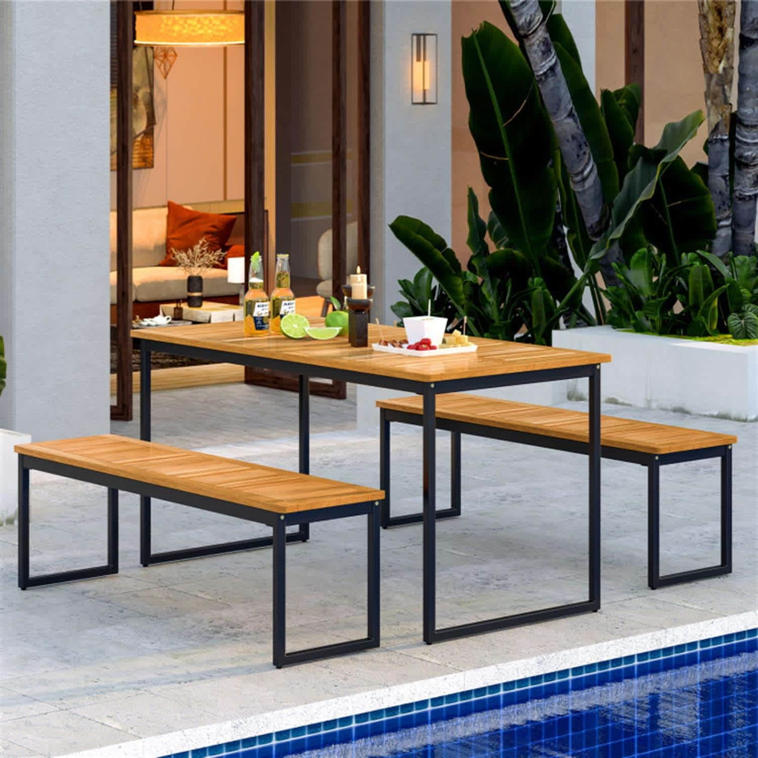 VERYKE Patio Outdoor Bench Open-Back with Slatted Seat and Metal Legs ...