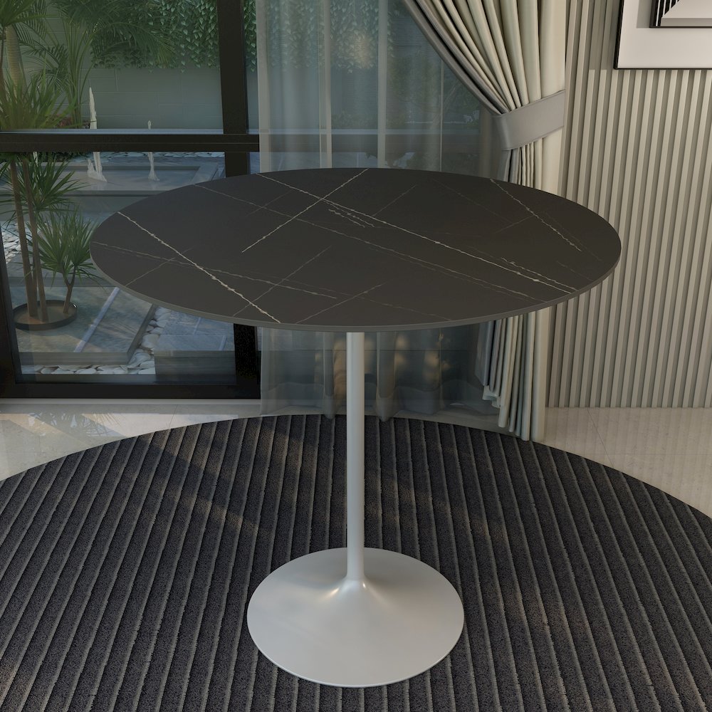 Leisuremod Bar Height Table White Base with 48 Round Black Marbelized ...