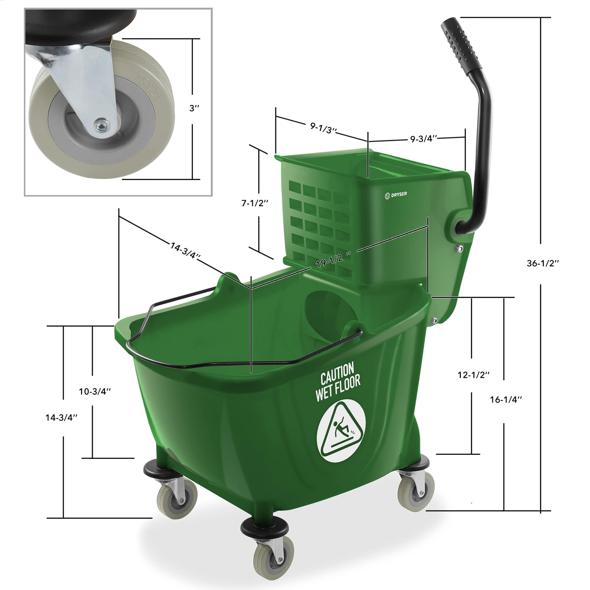 Dryser Commercial Mop Bucket w/ Side Press Wringer - 33 Quart - Green ...