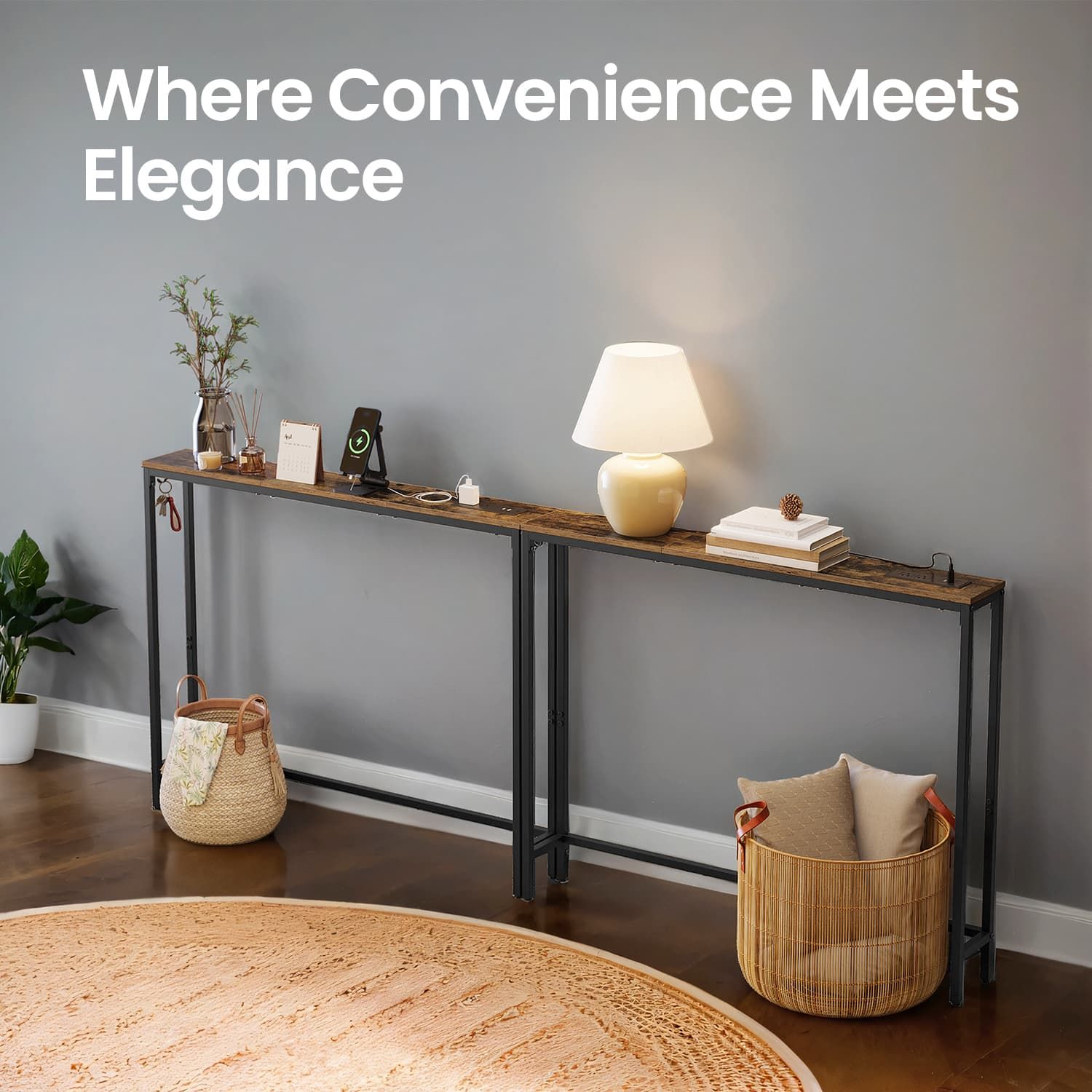 Slickblue Slim Set of 2 Black/Rustic Brown Console Table with Power ...
