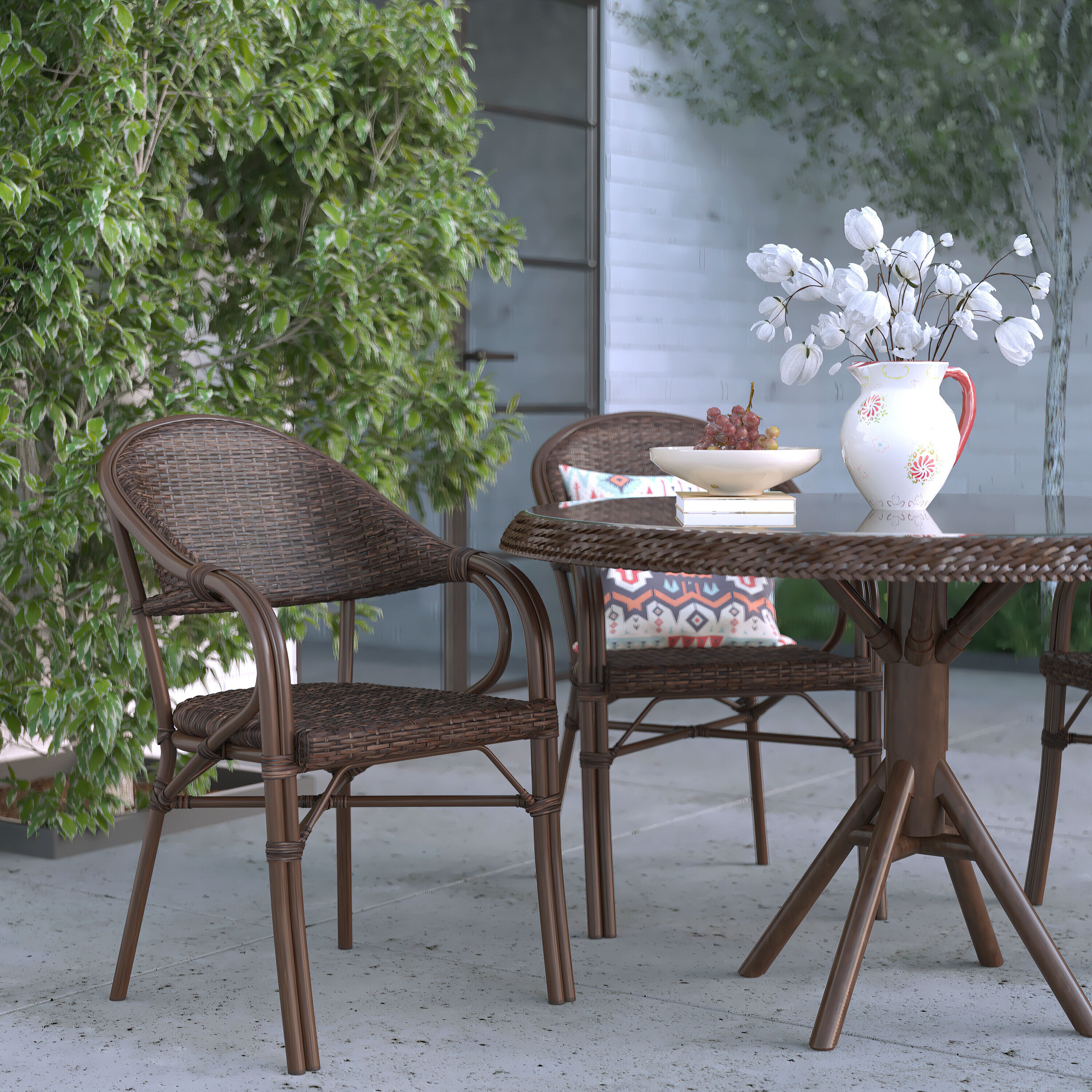 Merrick Lane Kailua Cocoa Brown Wicker Rattan Patio Chair With Curved ...