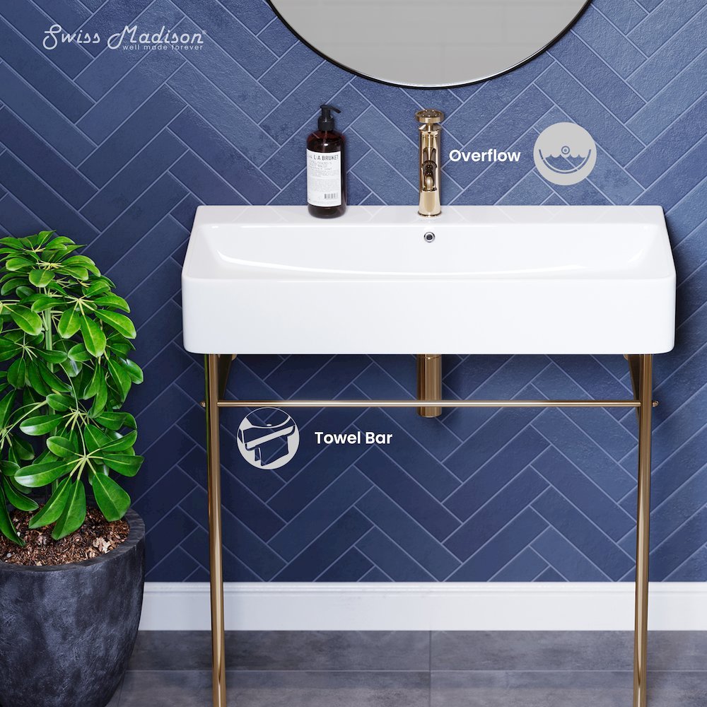 Swiss Madison Carre 36 Ceramic Console Sink White Basin Gold Legs in ...