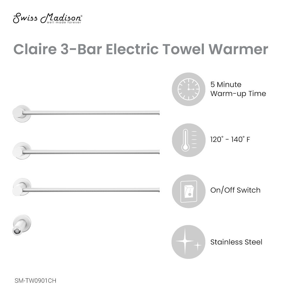 Swiss Madison Claire 3-Bar Electric Towel Warmer in Chrome in the Towel ...