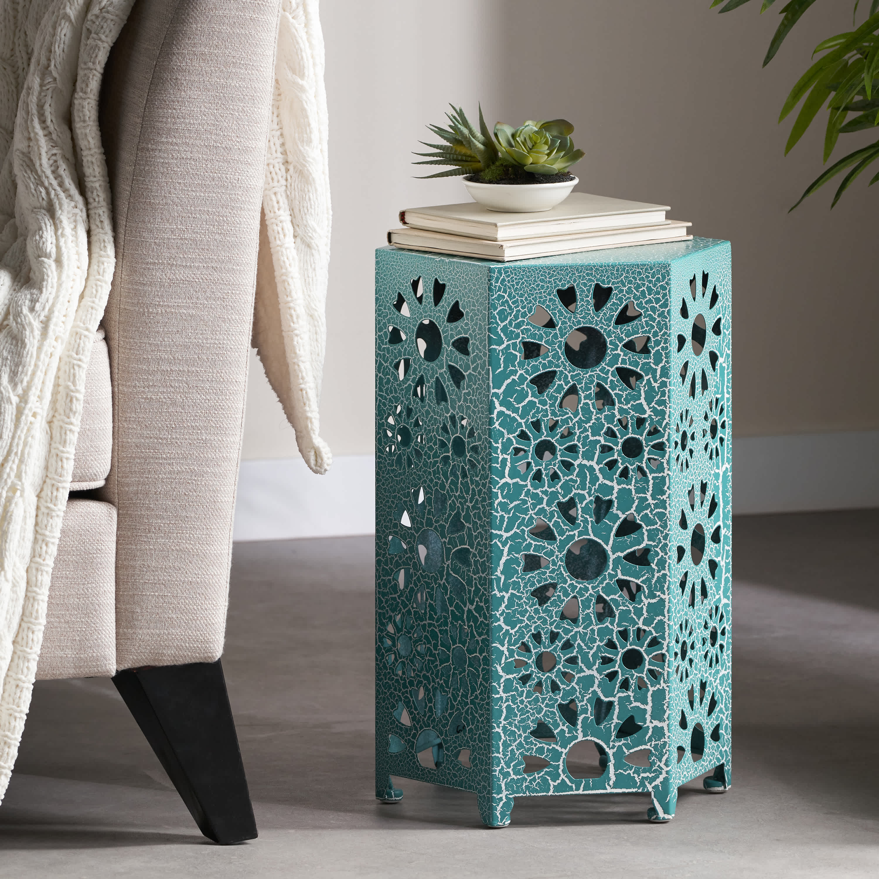 Vynxaria Crackle Teal Iron ELIANA 12 Inch Side Table Sunburst Floral ...