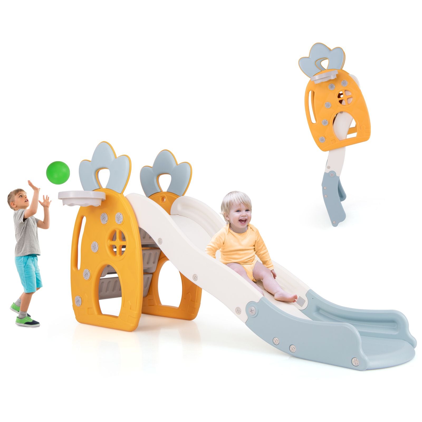 Slickblue Kids Slide Set with Climbing Ladder Basketball Hoop and Crawl ...