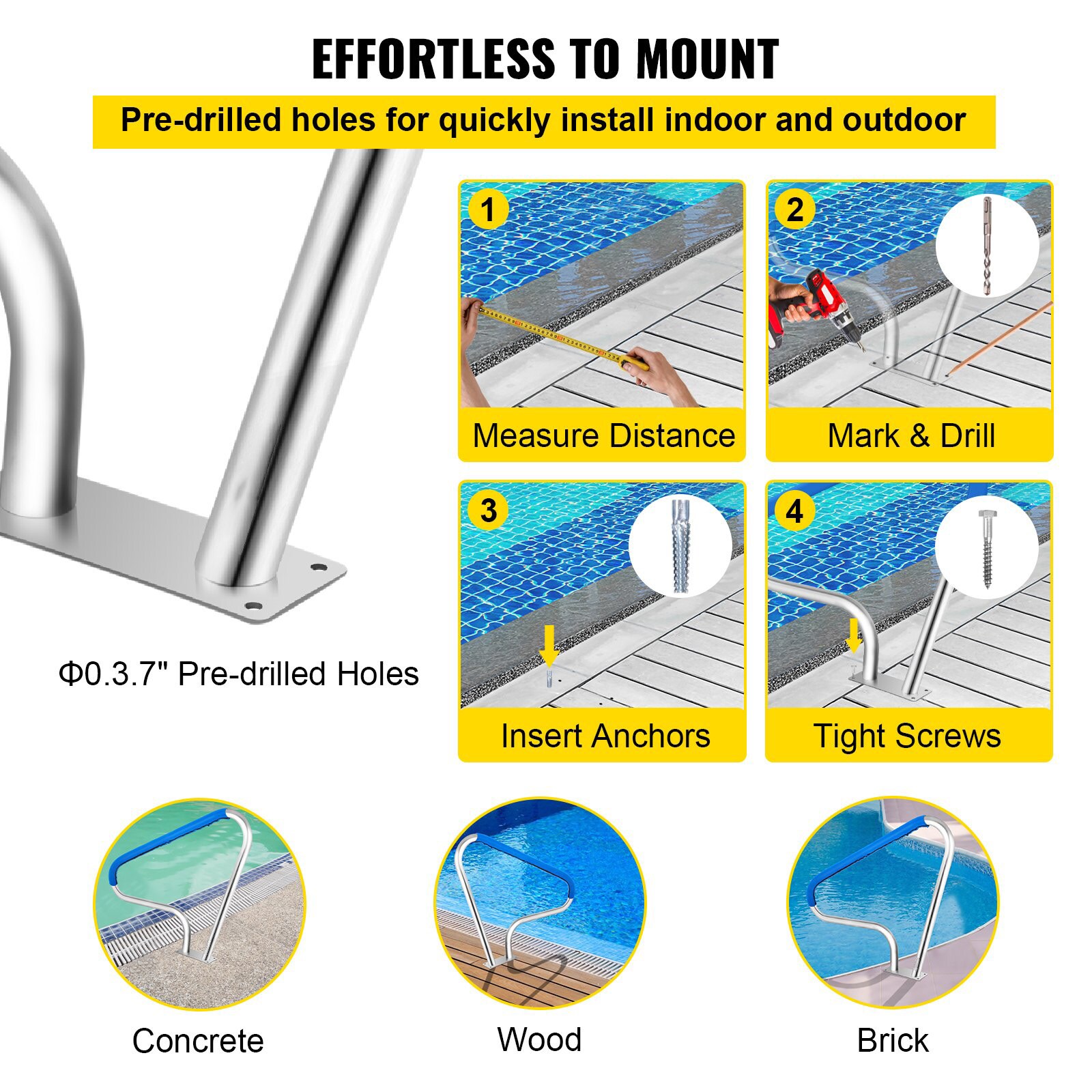 Mecale Stainless Steel Pool Handrail Heavy Duty Indoor Outdoor Swimming ...