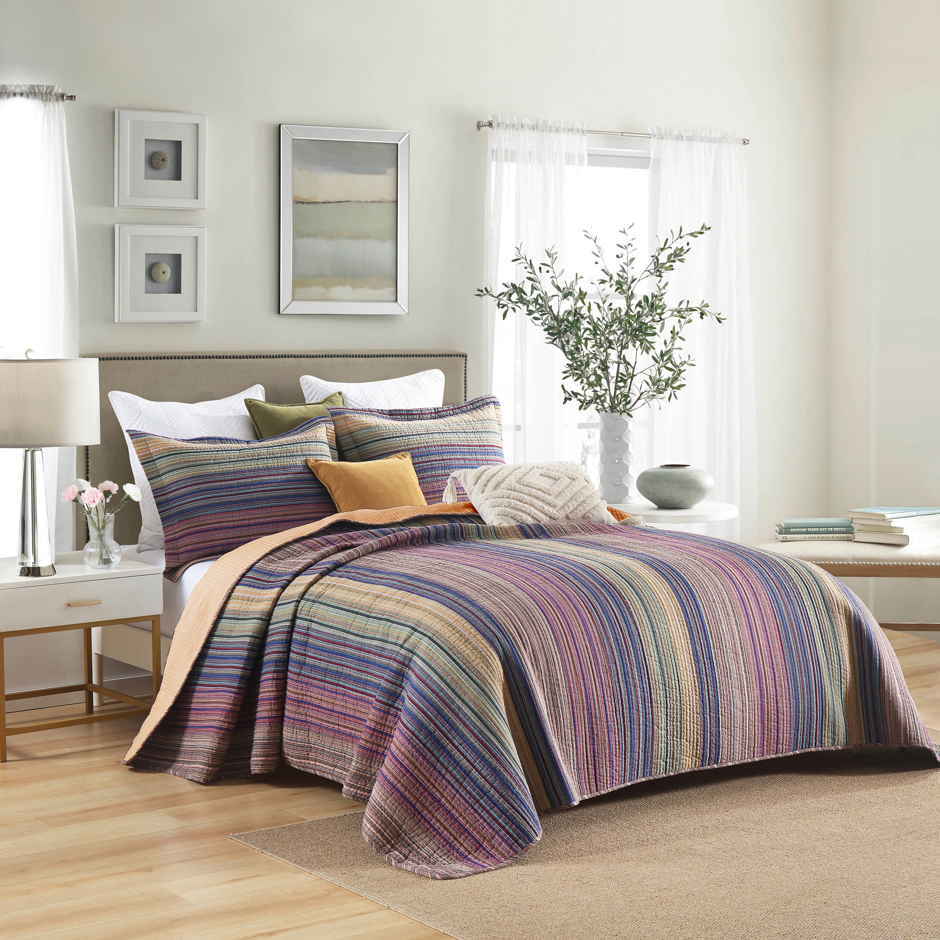 MarCielo CP324 3-Piece Cotton Striped Queen Quilt Bedspread Set ...
