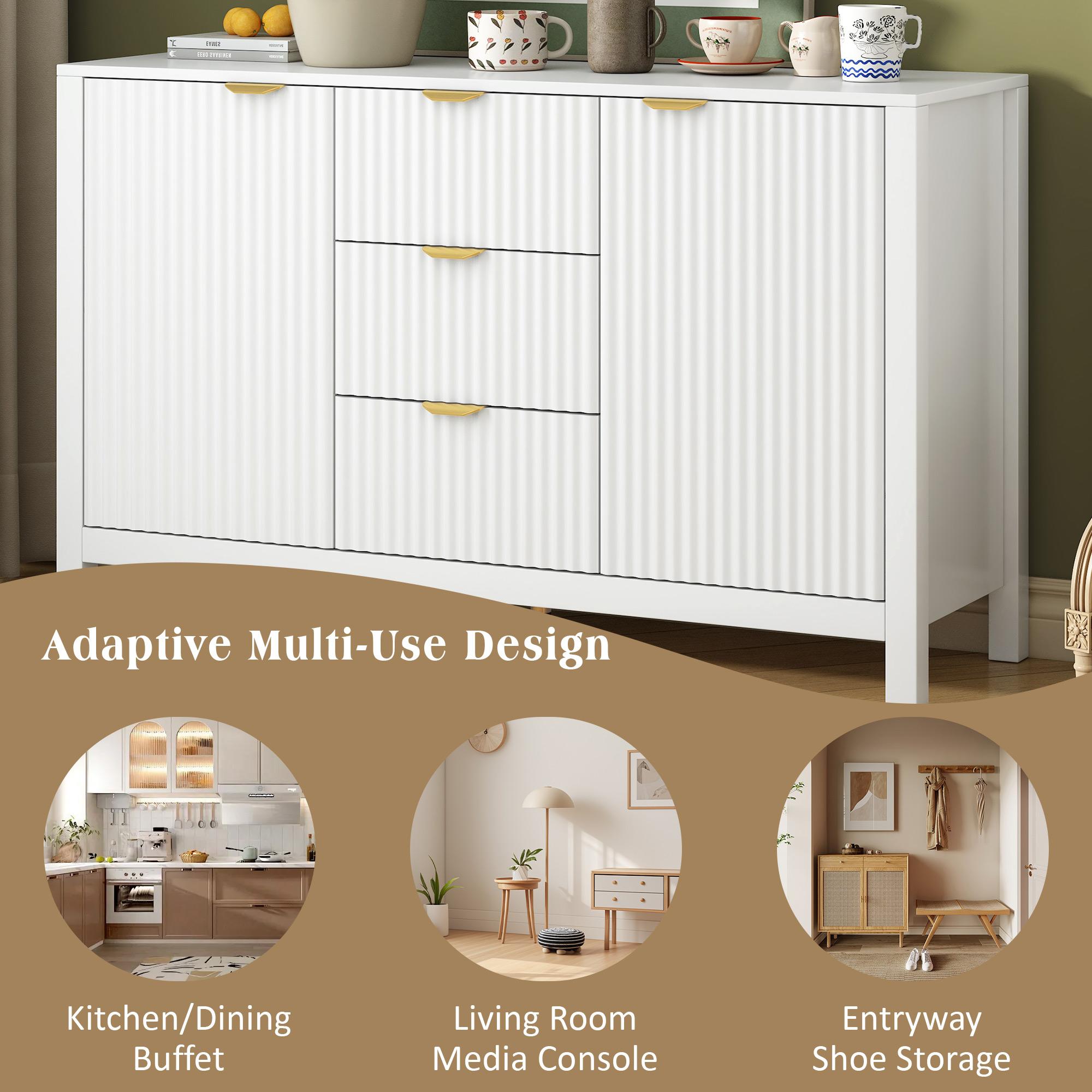 Bayfeve (Assembly Required) White Wave-Design Sideboard with 3 Drawers ...