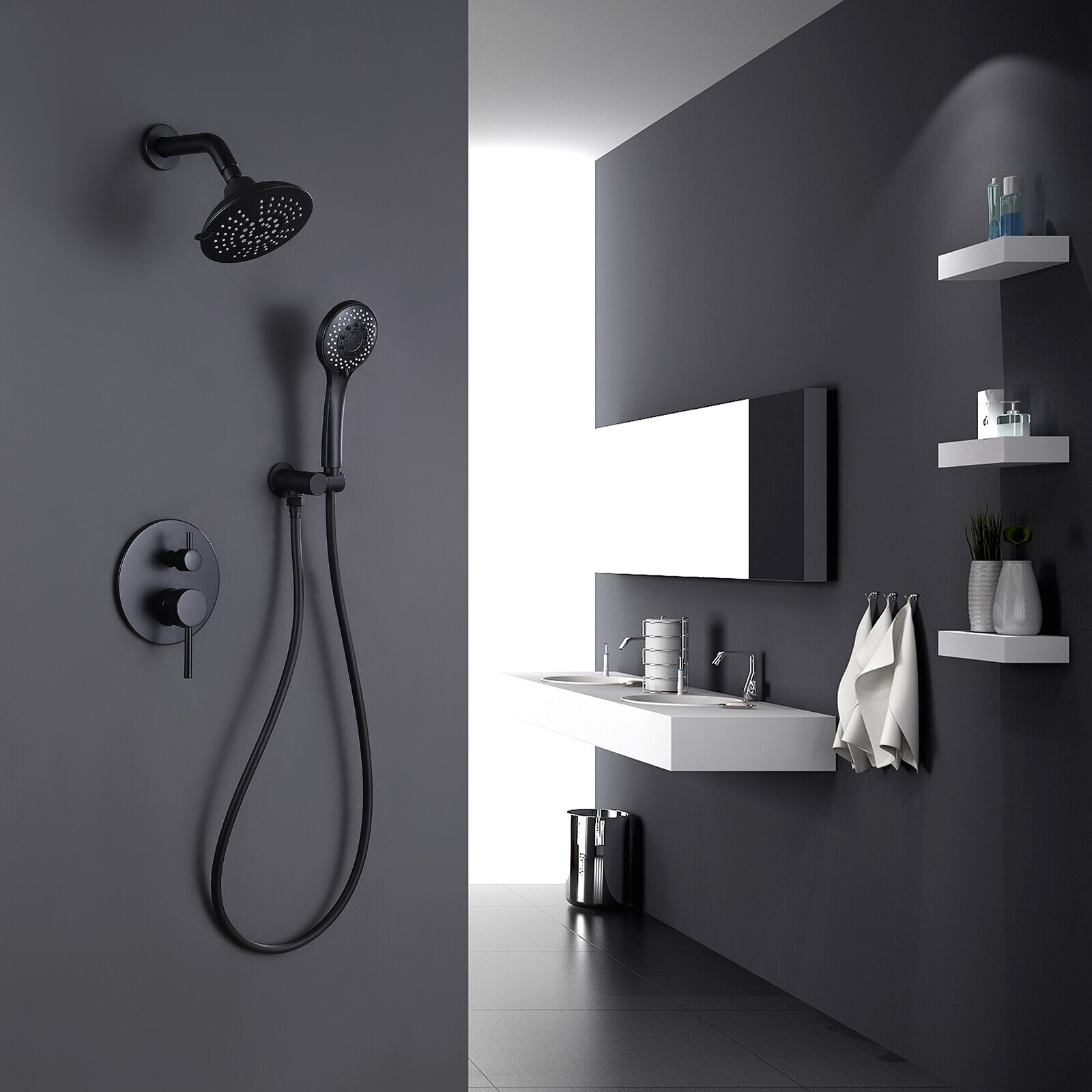 LUCKY ONE Matte Black Round Wall Mounted Shower System Rain Mixer Combo ...
