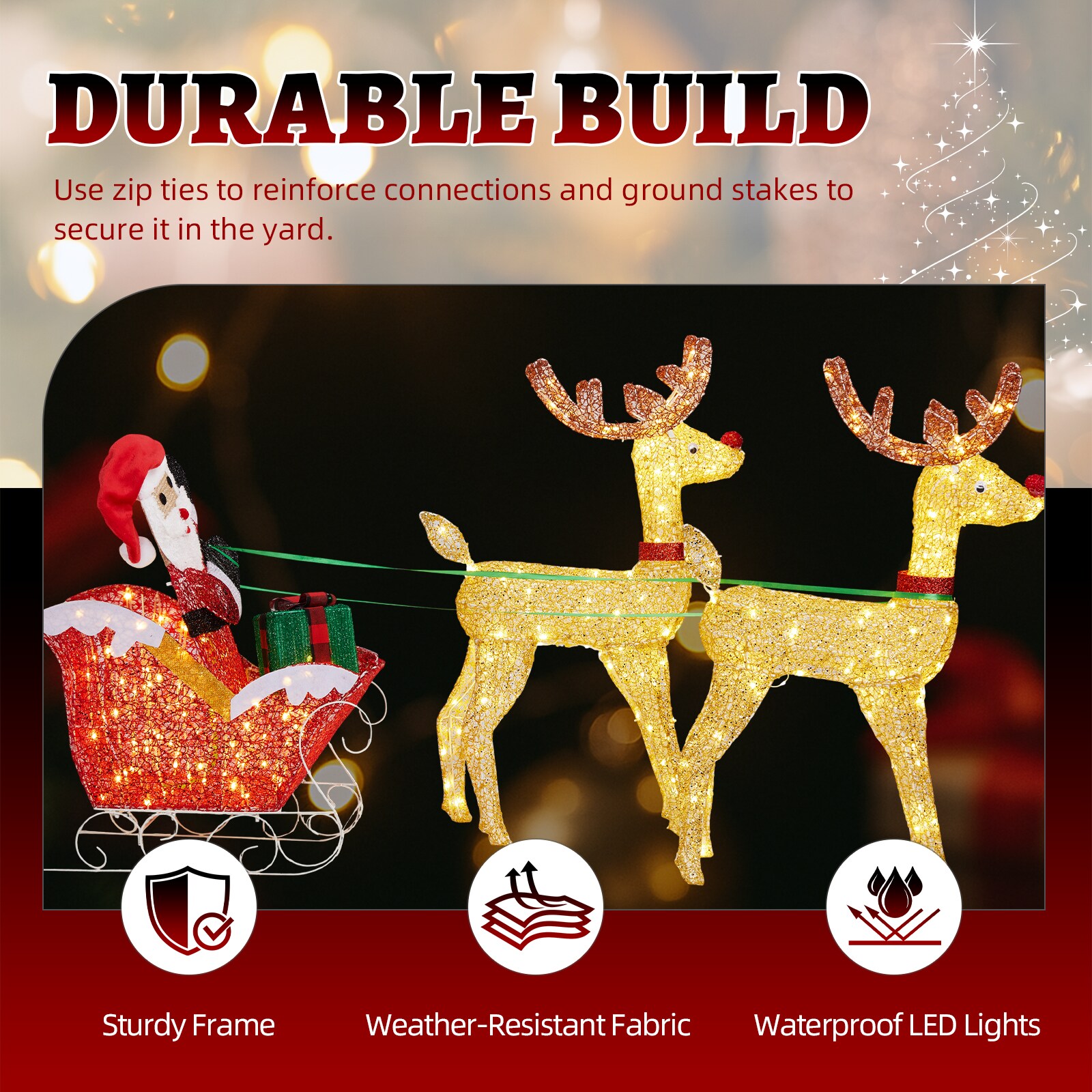 Zyerch Lighted Christmas Reindeer Sleigh Set 270 Warm White LEDs ...