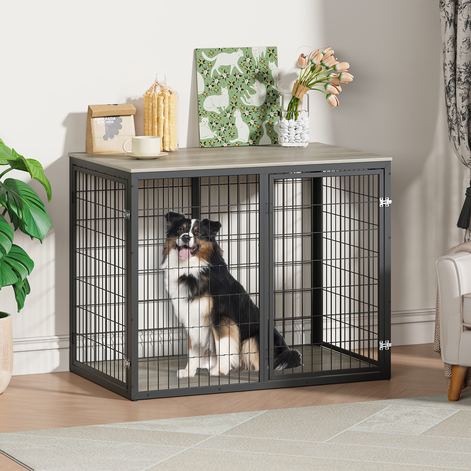 LOVMOR 47 inch Dog Crate Furniture 3 Doors for Large Medium Dogs Grey ...