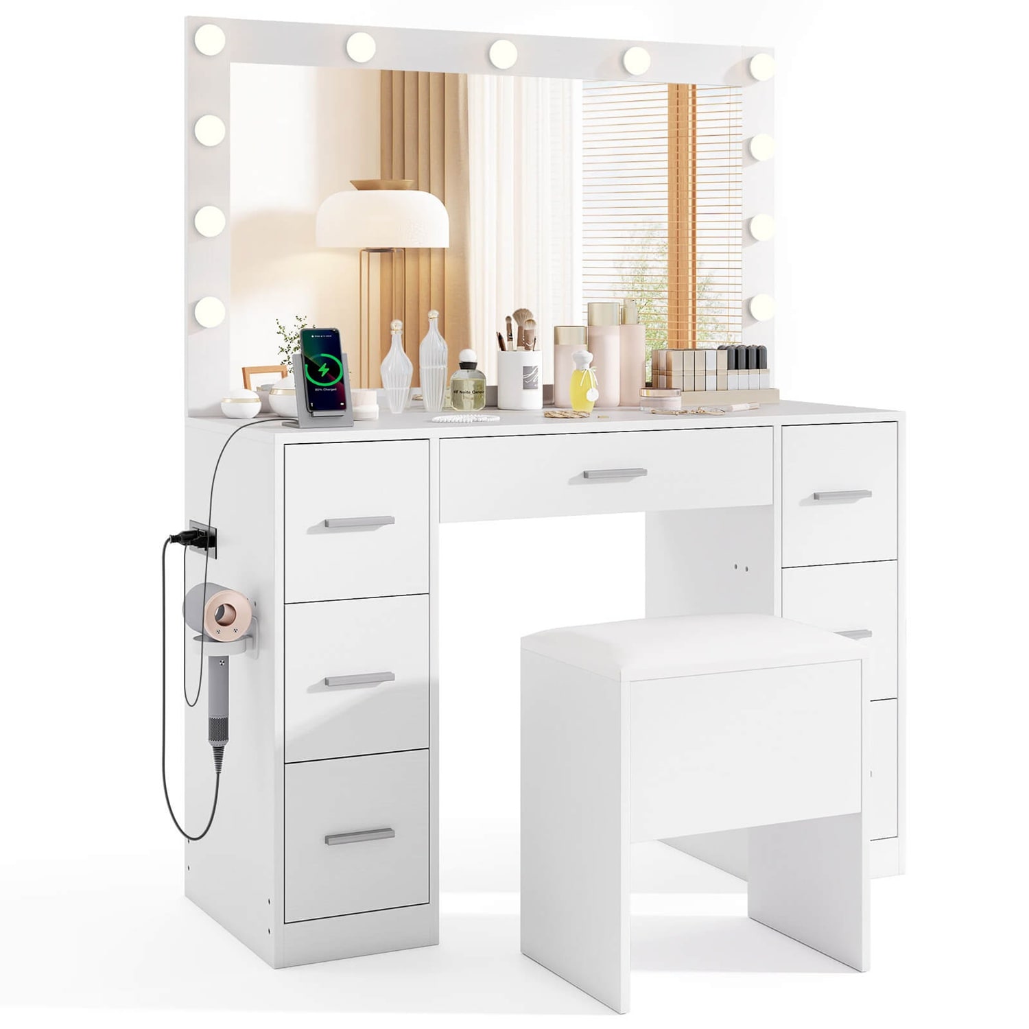 Costway Vanity Desk with Mirror and Lights Storage Stool Power Outlets ...