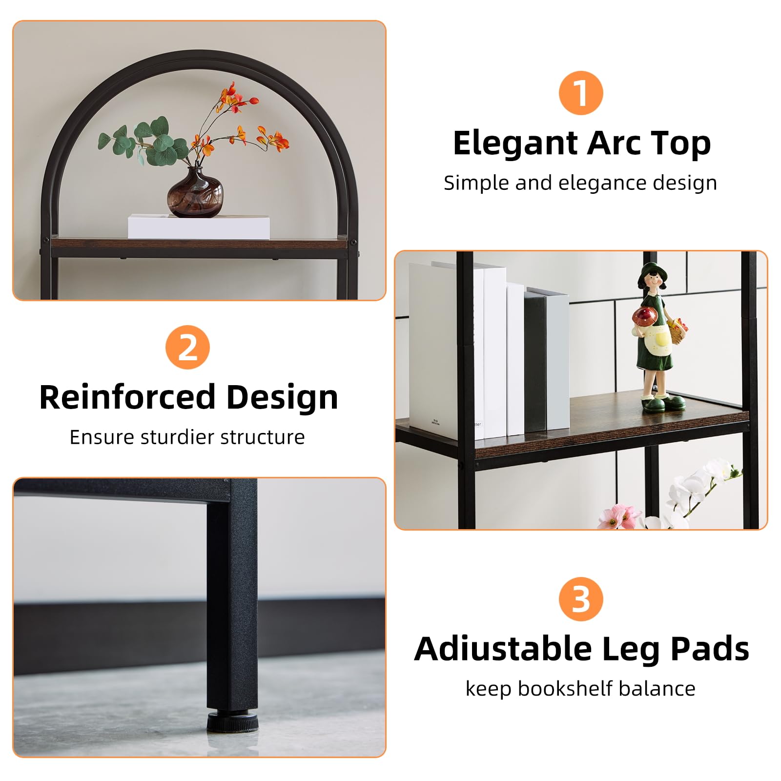 Garvee Arched Four Tier Bookshelf Metal Frame Design Tall Standing Open ...