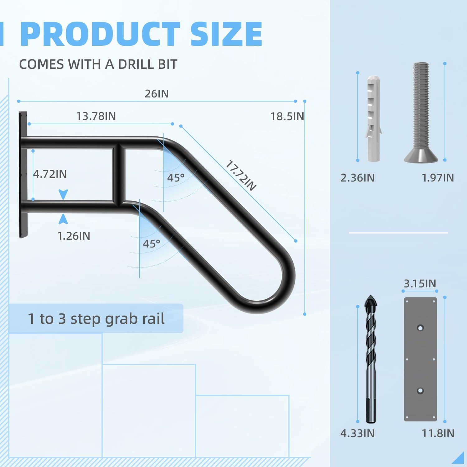 Misopily Outdoor Stair Handrail 26 Inch Matte Black U Shaped Wall Mount ...